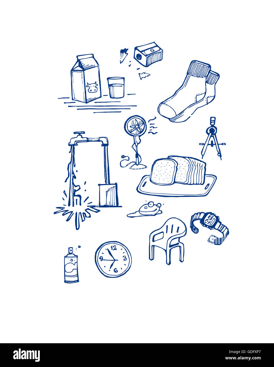 Hand drawn illustration or drawing of different domestic objects Stock ...