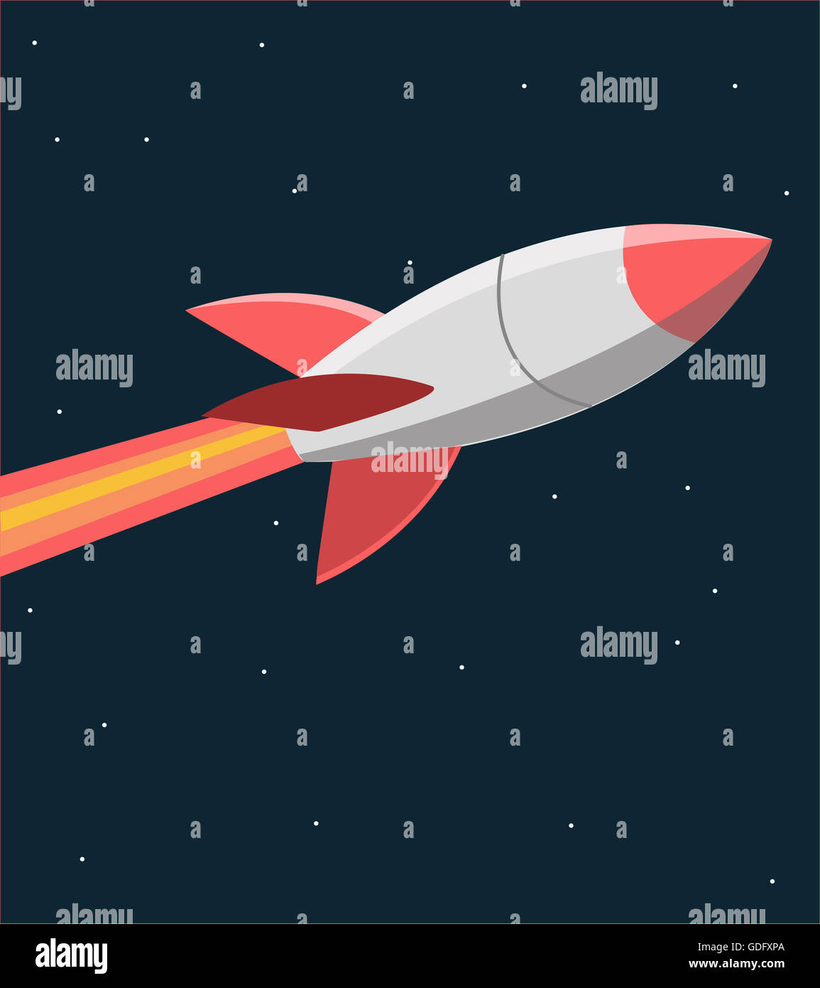 Illustration or drawing of a retro missile flying in a blue dark sky ...
