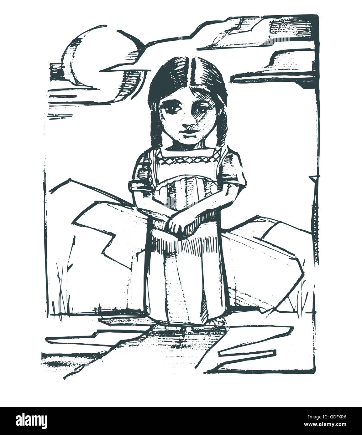 Hand drawn illustration or drawing of an indigenous girl in a natural ...