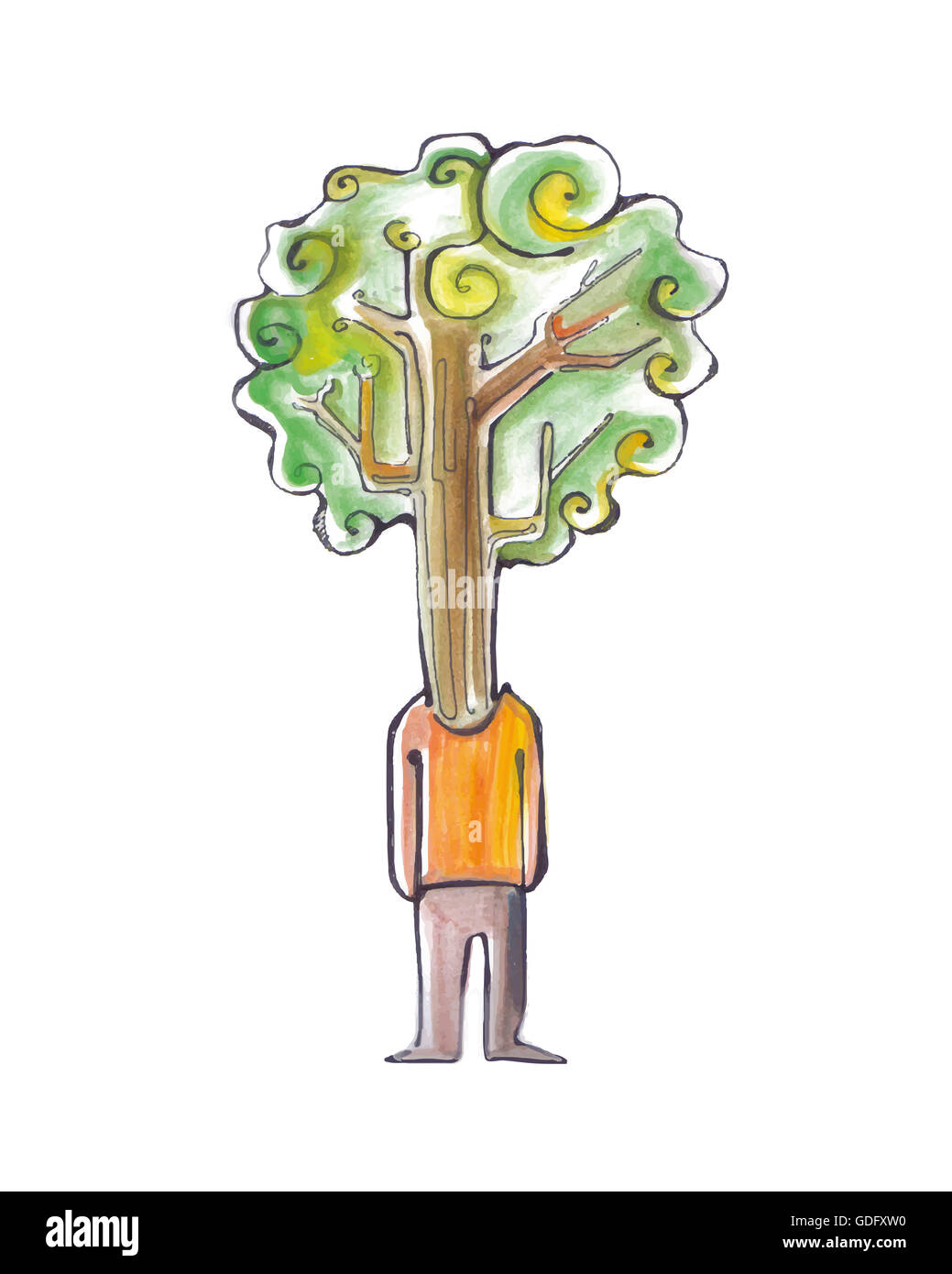 Hand drawn illustration or drawing of a man with a tree instead of head ...