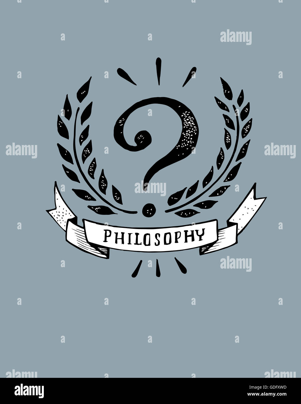 Hand drawn illustration or drawing of a question mark, a wreath, and ...