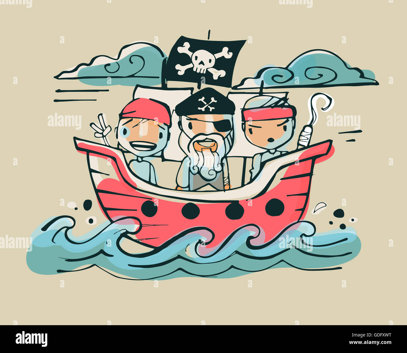 Hand drawn illustration or drawing of three pirates on a ship Stock ...