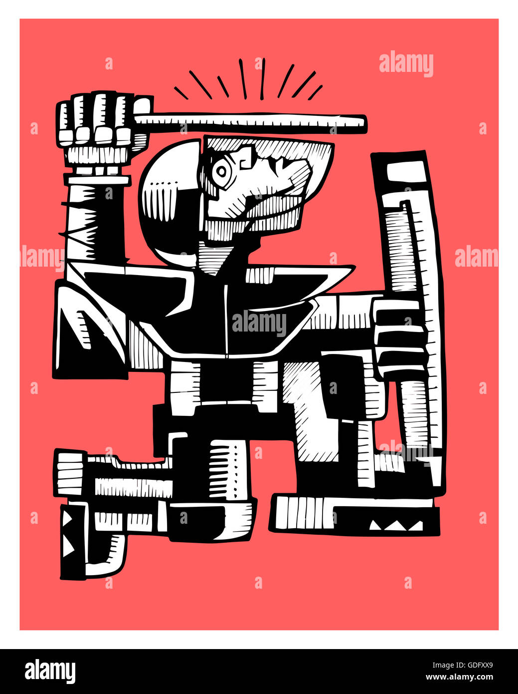 Hand drawn illustration or drawing of a policeman with anti riot ...