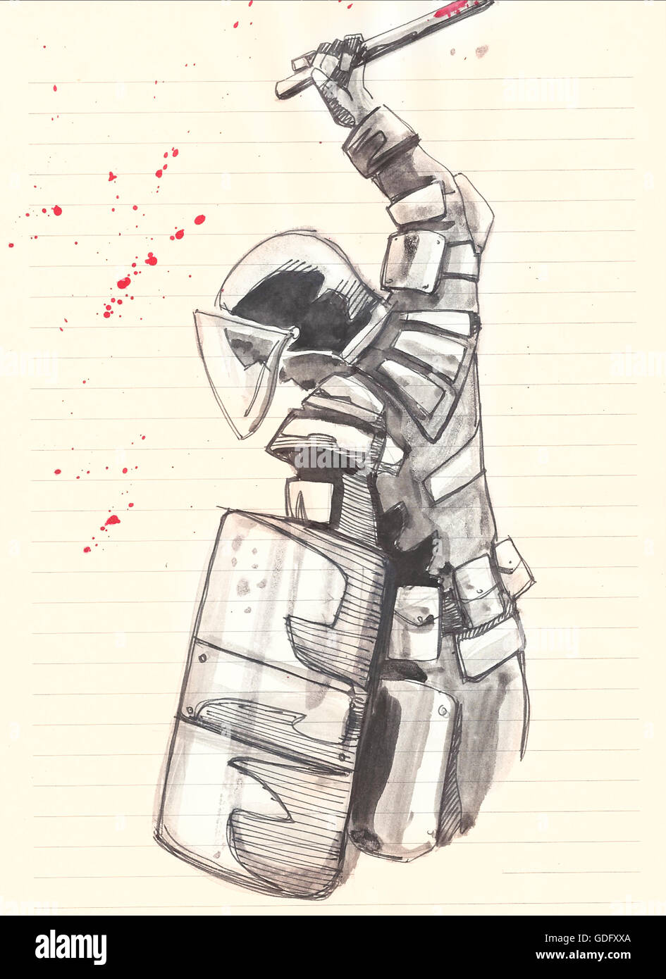 Hand drawn illustration of a riot police man with equipment as helmet ...