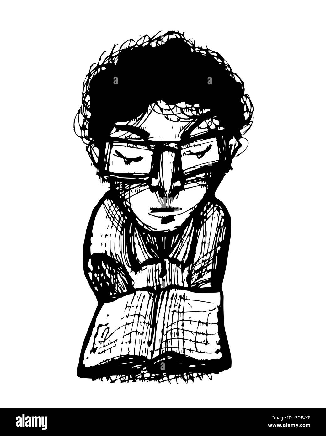 Hand drawn illustration or drawing of a reading man with glasses Stock ...