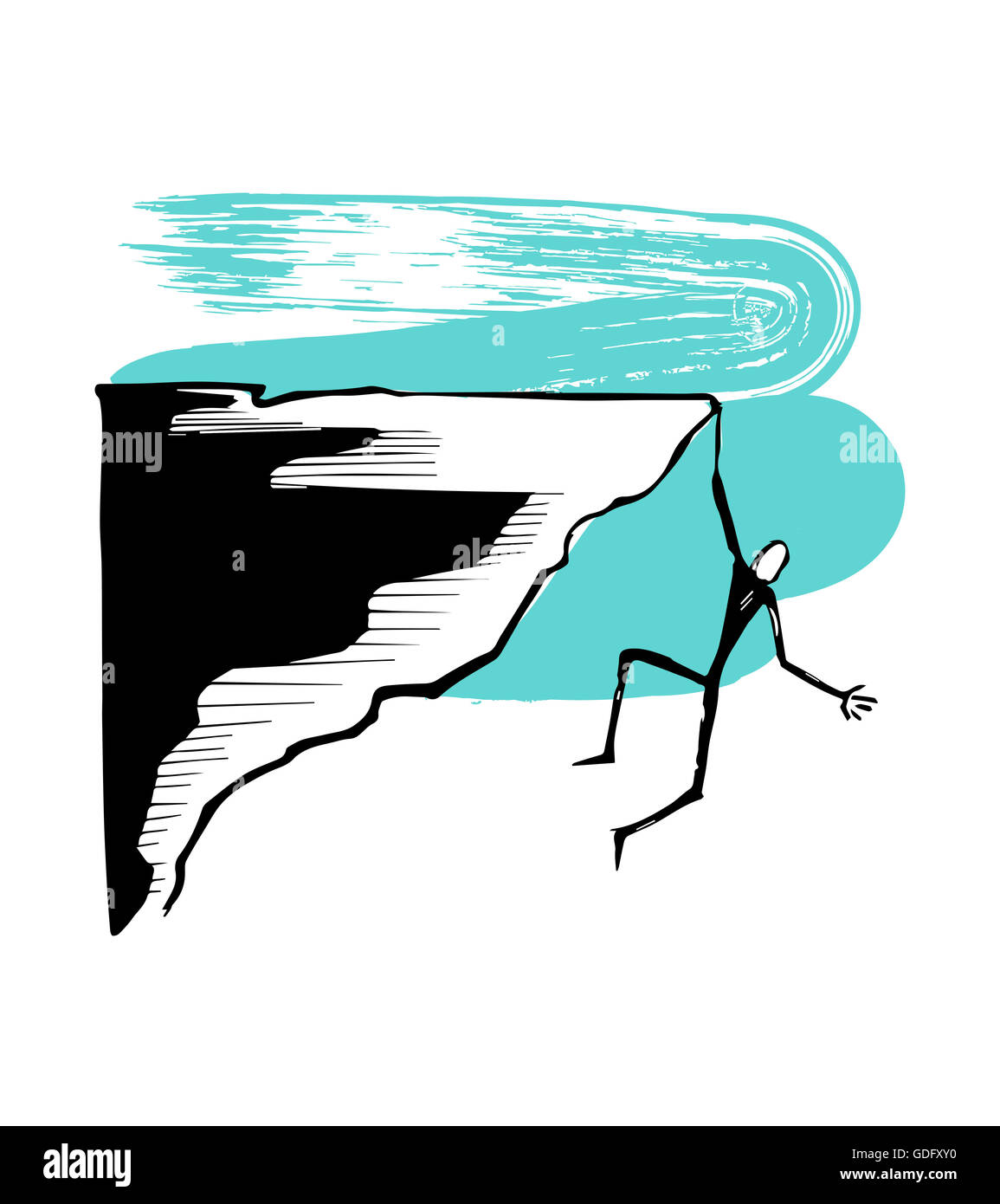Hand drawn illustration or drawing of a hanging man on a cliff Stock ...
