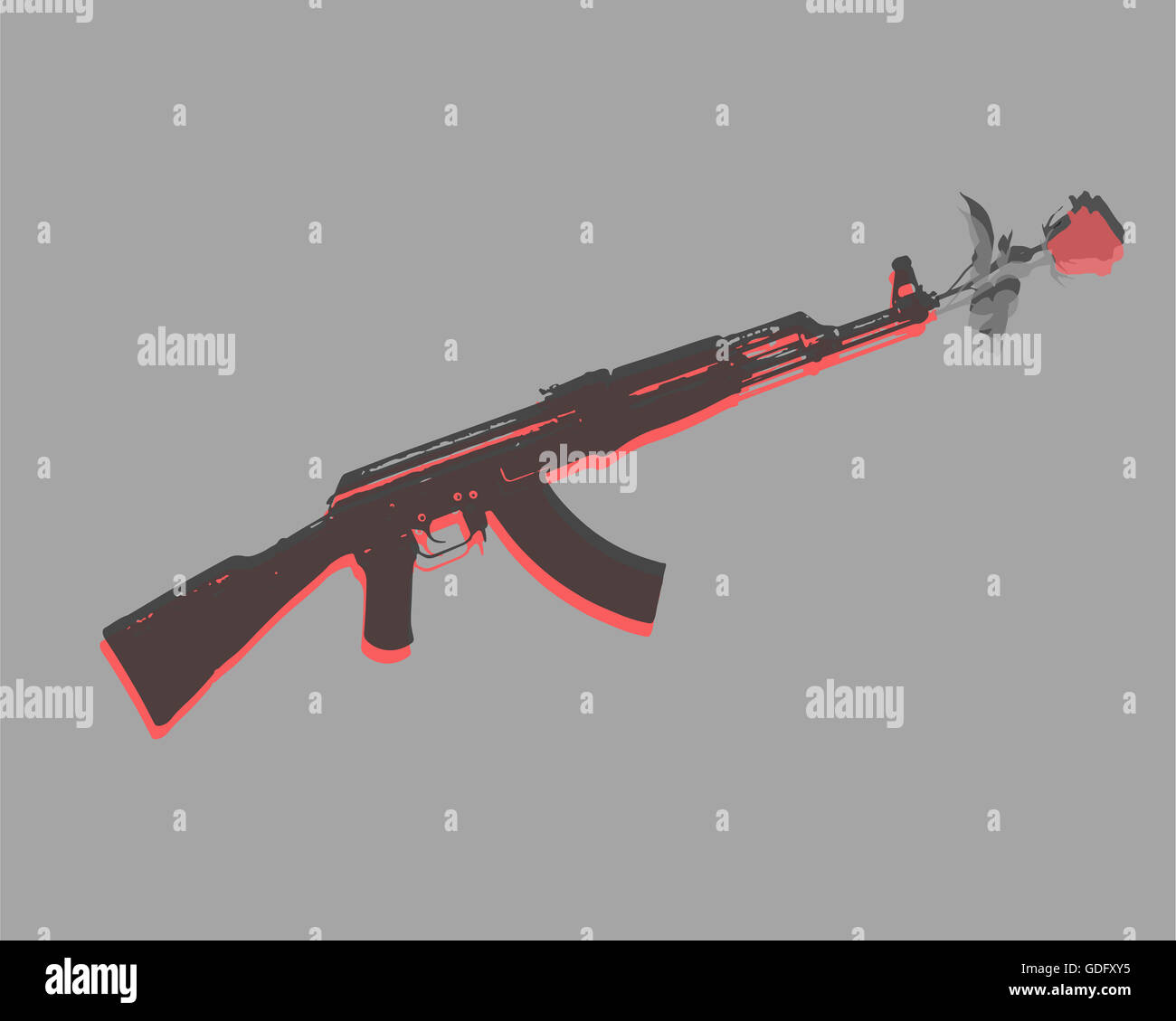 Hand drawn illustration or drawing of an automatic gun rifle and a rose ...