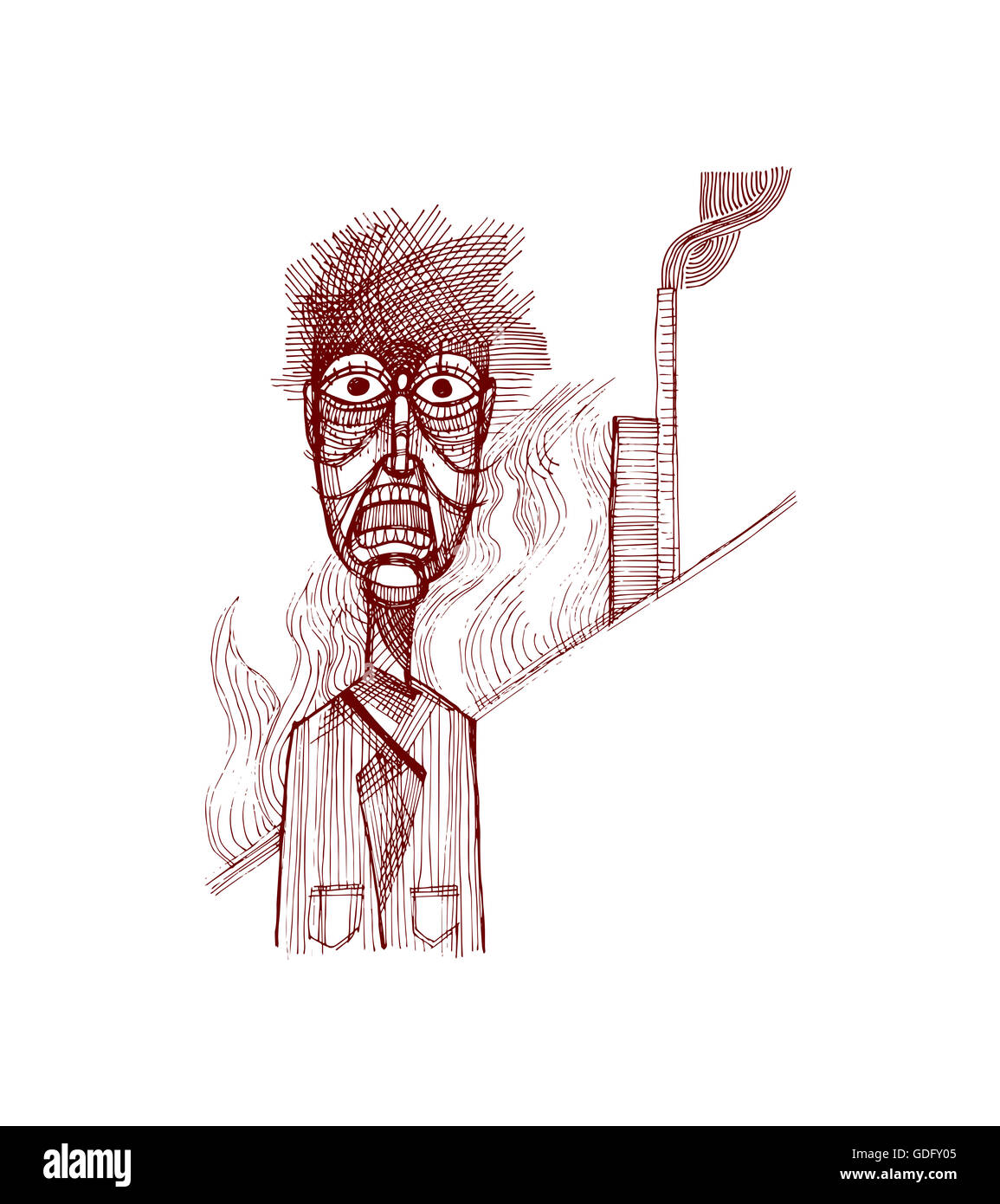 Hand drawn illustration or drawing of a sick man, and a factory ...