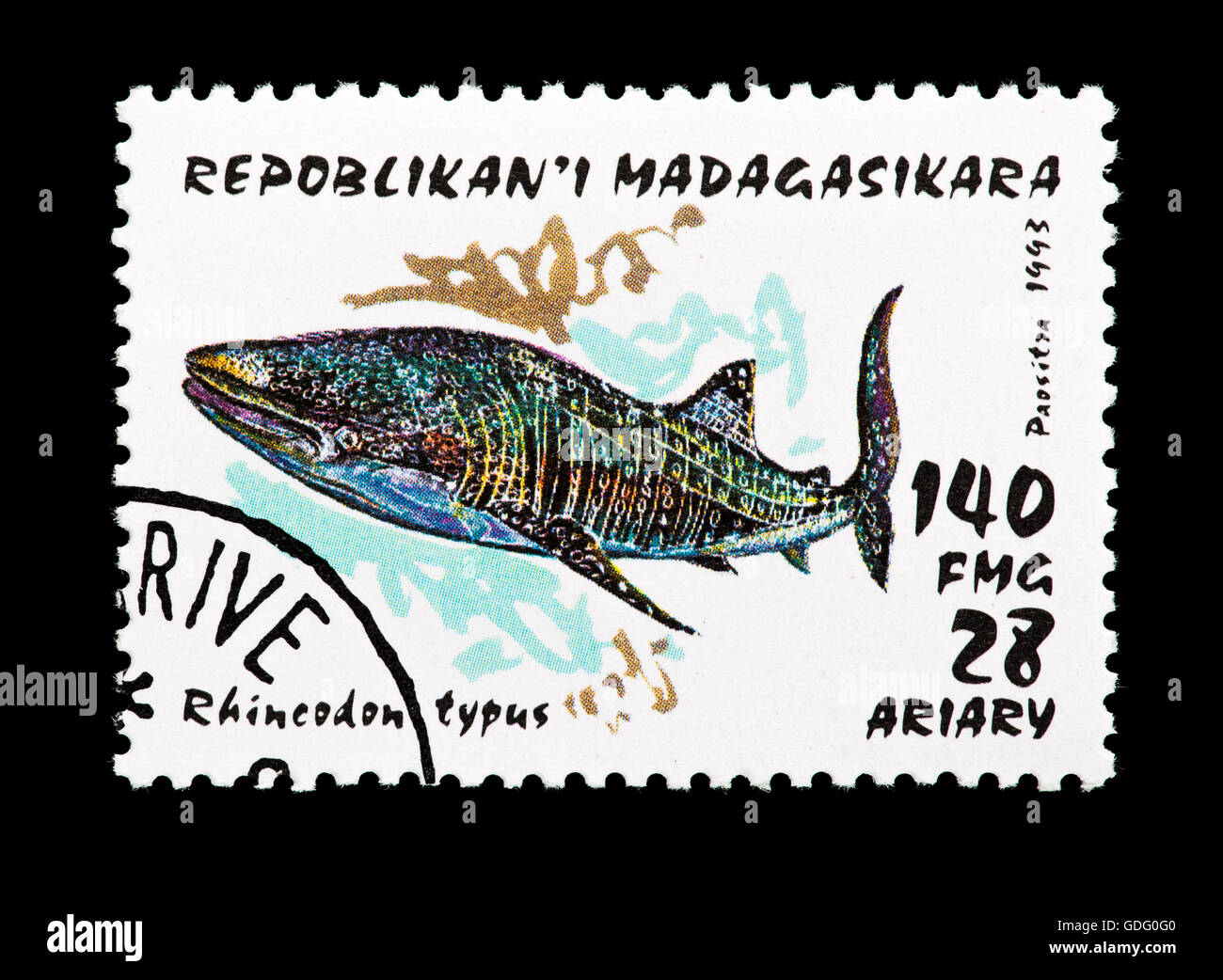 Postage stamp from Madagascar depicting a whale shark (Rhineodon typus ...