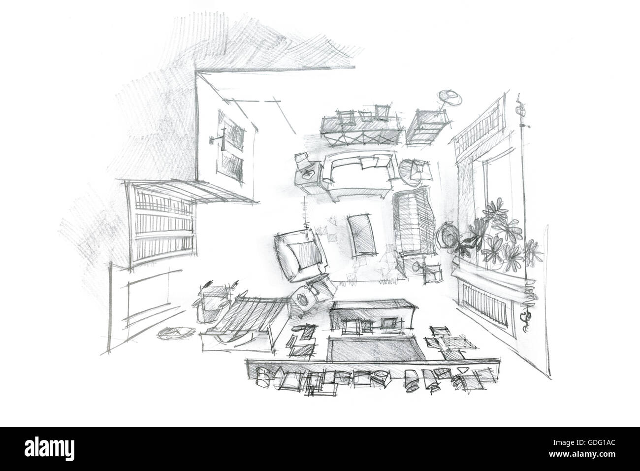 freehand interior sketch of modern living room with furniture, top view ...
