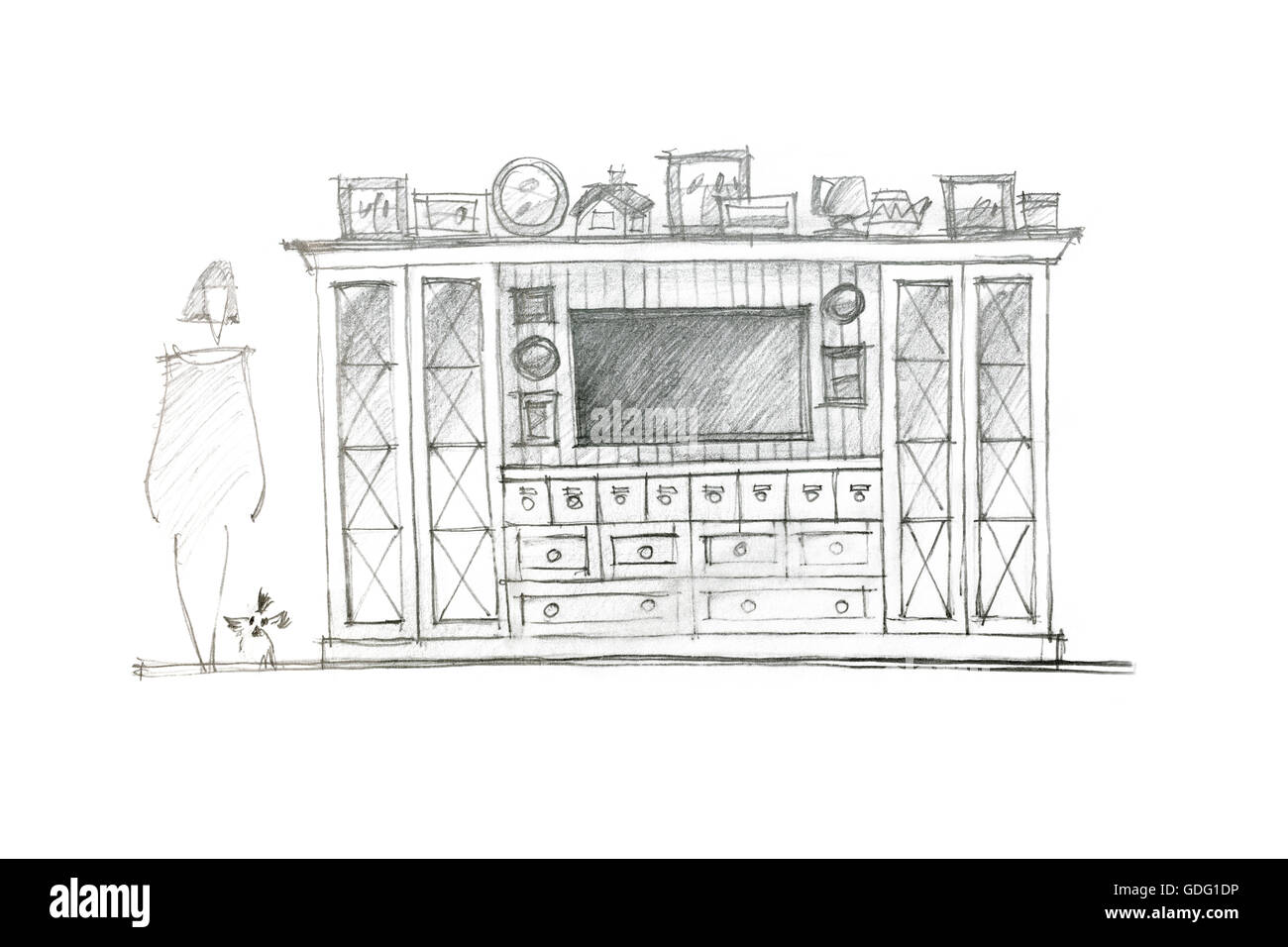 graphical sketch of an entertainment wall for interior living room ...