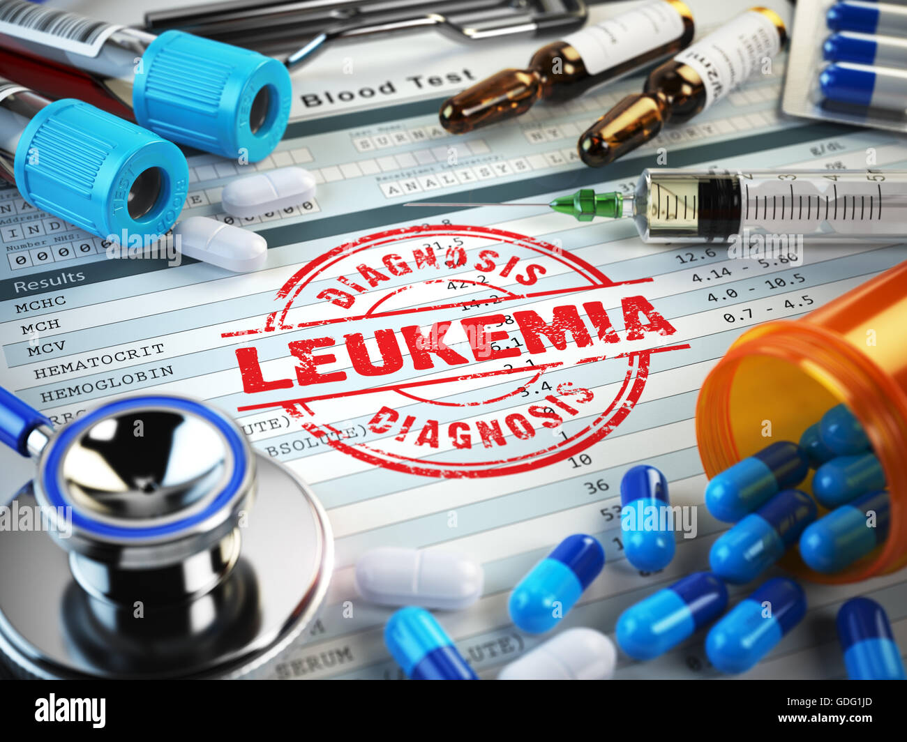 Leukemia diagnosis. Stamp, stethoscope, syringe, blood test and pills ...