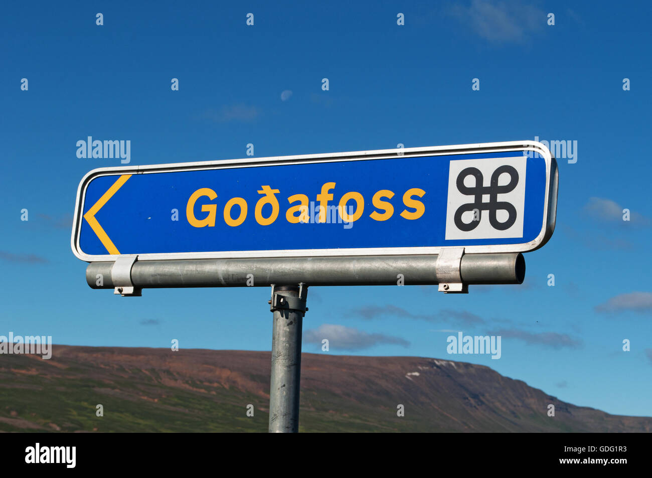 Iceland: the street sign to Godafoss, the waterfall of the Gods, one of ...