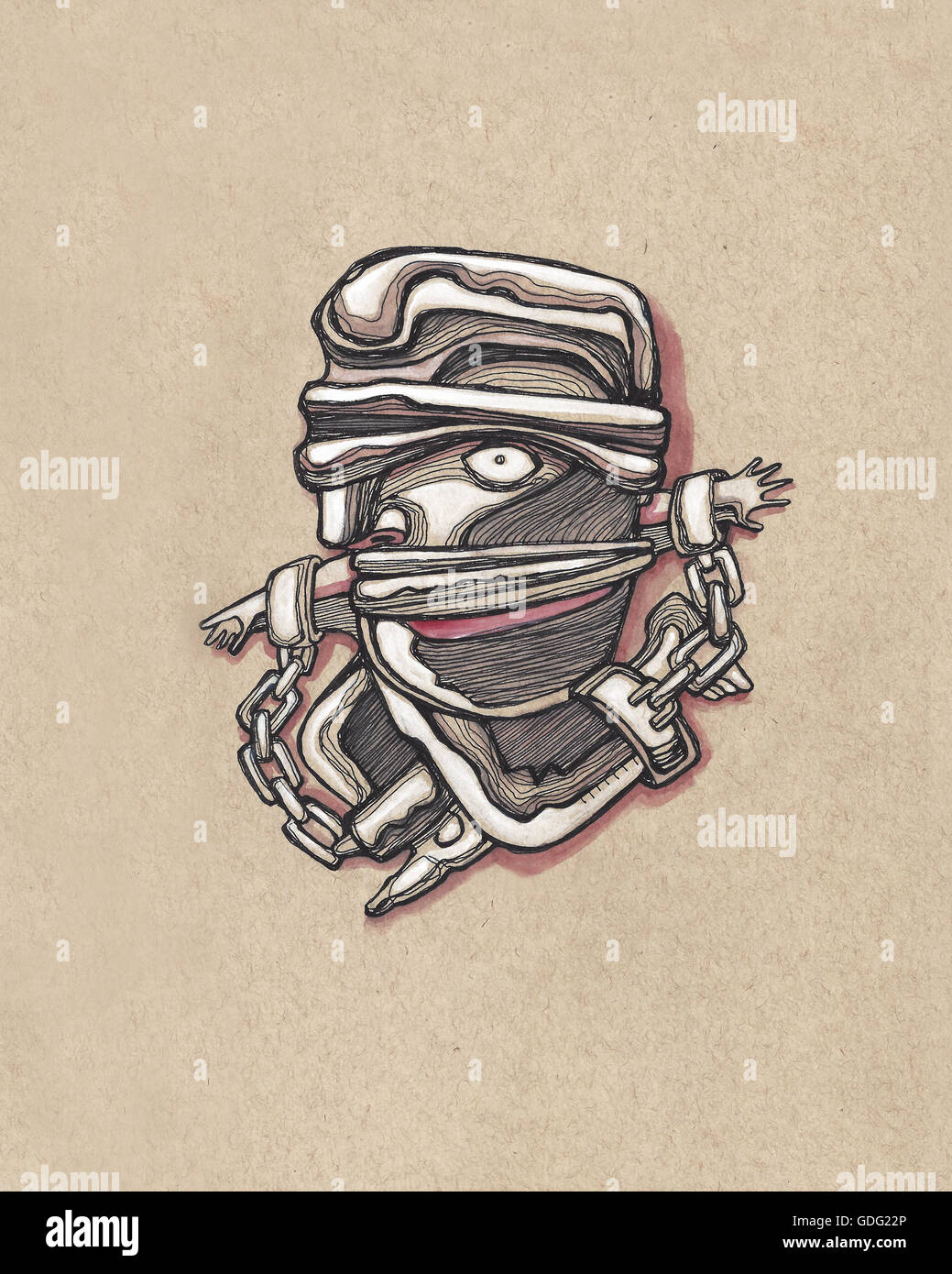 Hand drawn illustration or drawing of a man with some ropes and chains ...