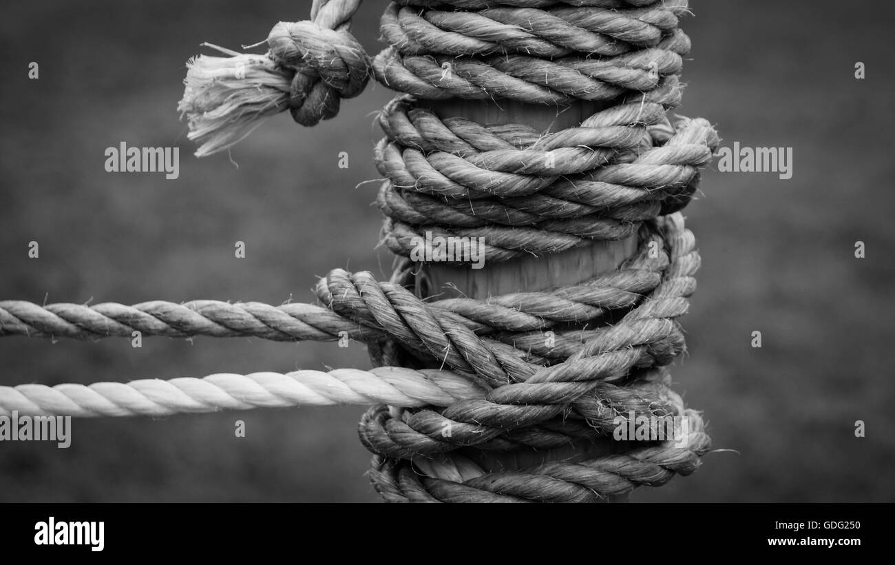 Black and white image of rope tied around a wooden post Stock Photo - Alamy