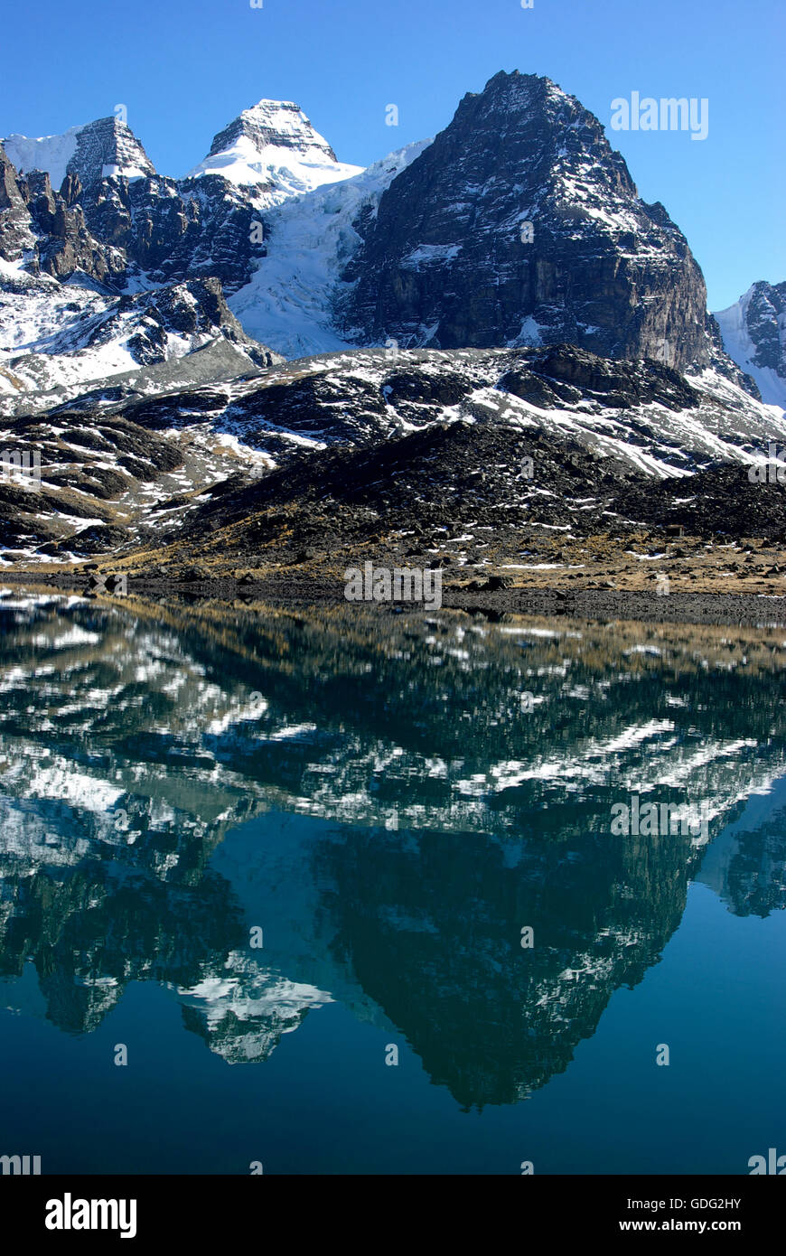 A high altitude lake reflects snow capped mountains in the Cordillera ...
