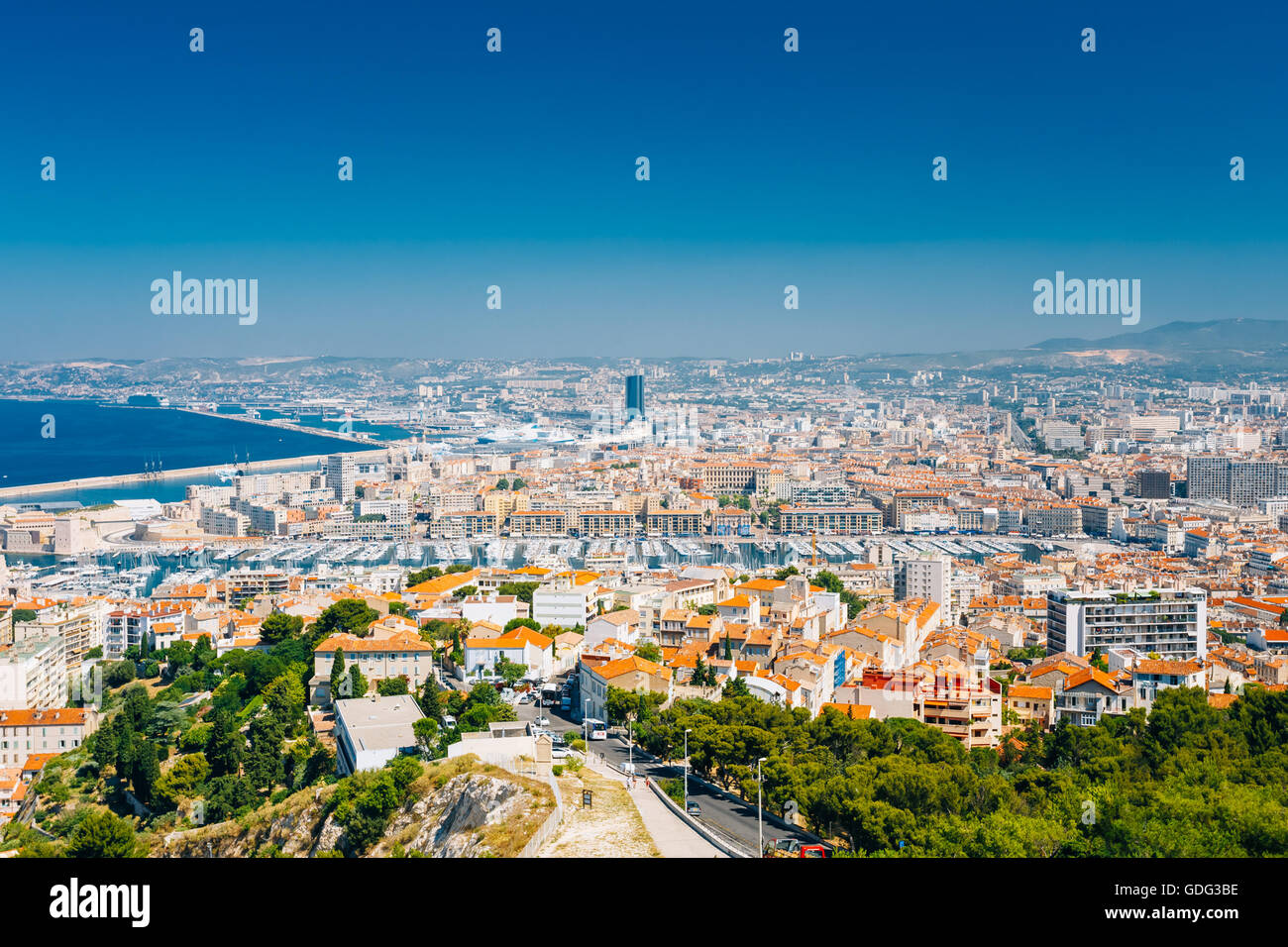 Aerial view, cityscape of Marseilles, France. Sunny summer day with ...