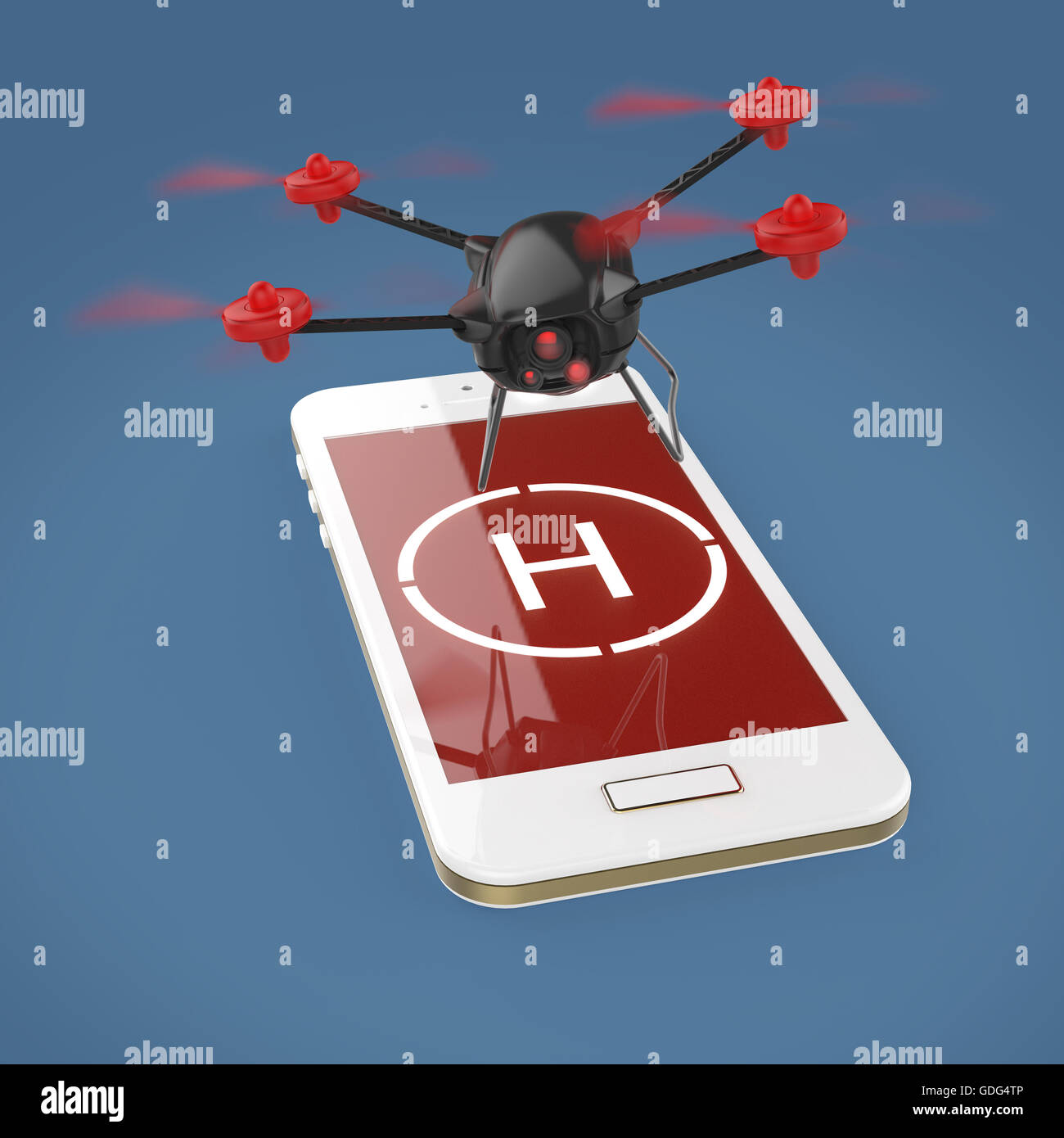 small camera drone hovering above the touchscreen of mobile smartphone ...