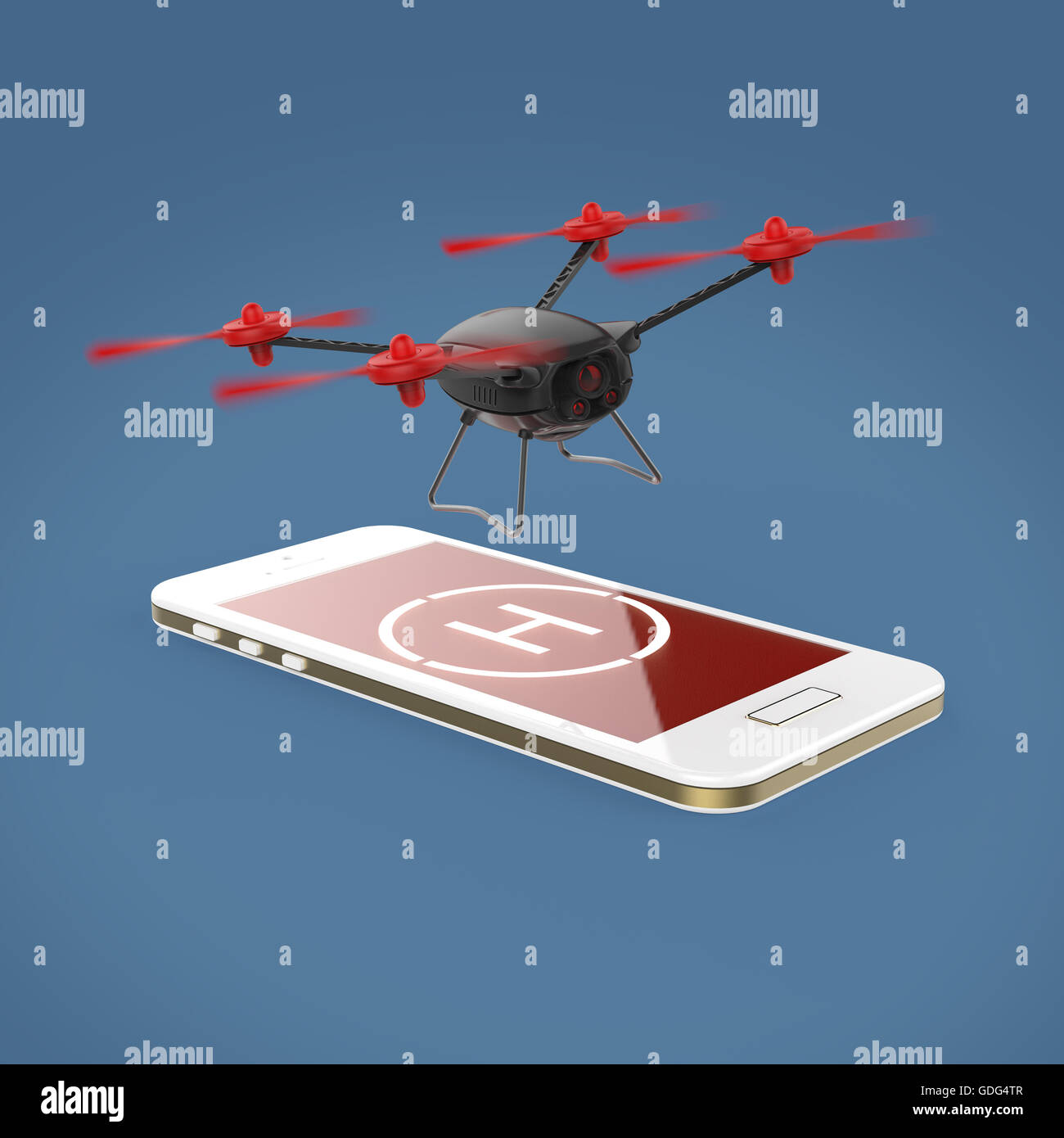 small camera drone hovering above the touchscreen of mobile smartphone ...