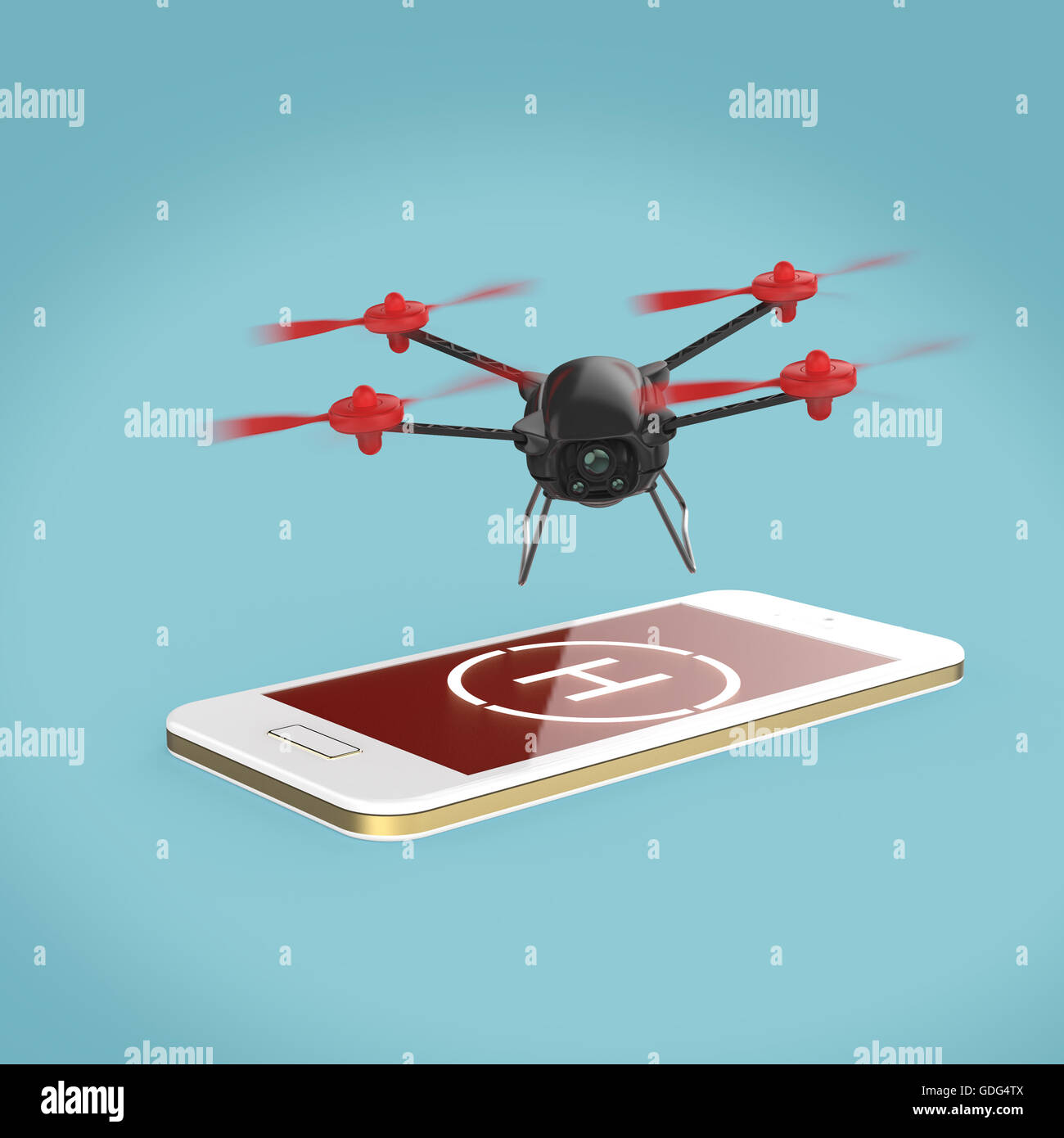 small camera drone hovering above the touchscreen of mobile smartphone ...