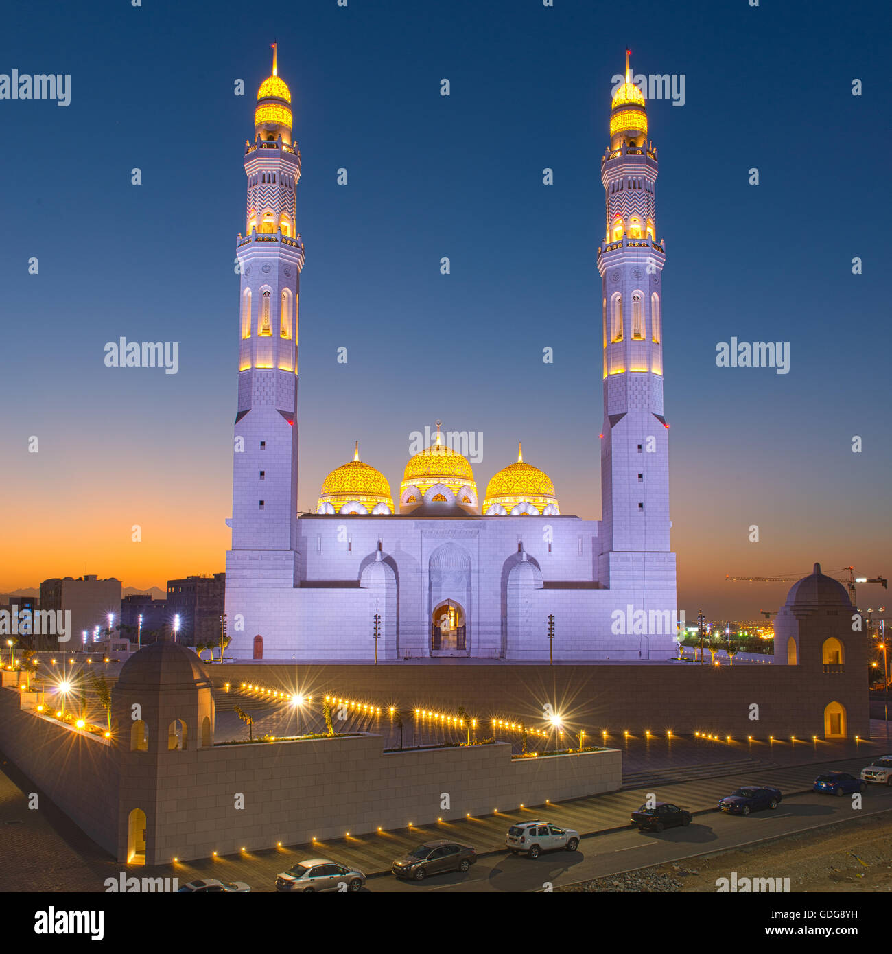 Night Cityscapewith the Al Ameen Mosque in Al Khuwait, Oman Stock Photo ...