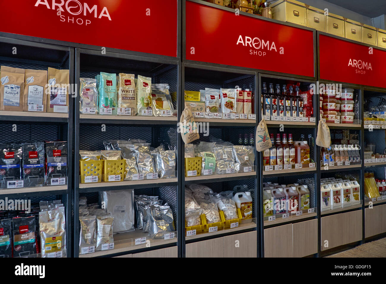 Delicatessen and coffee shop interior display featuring various exotic ...