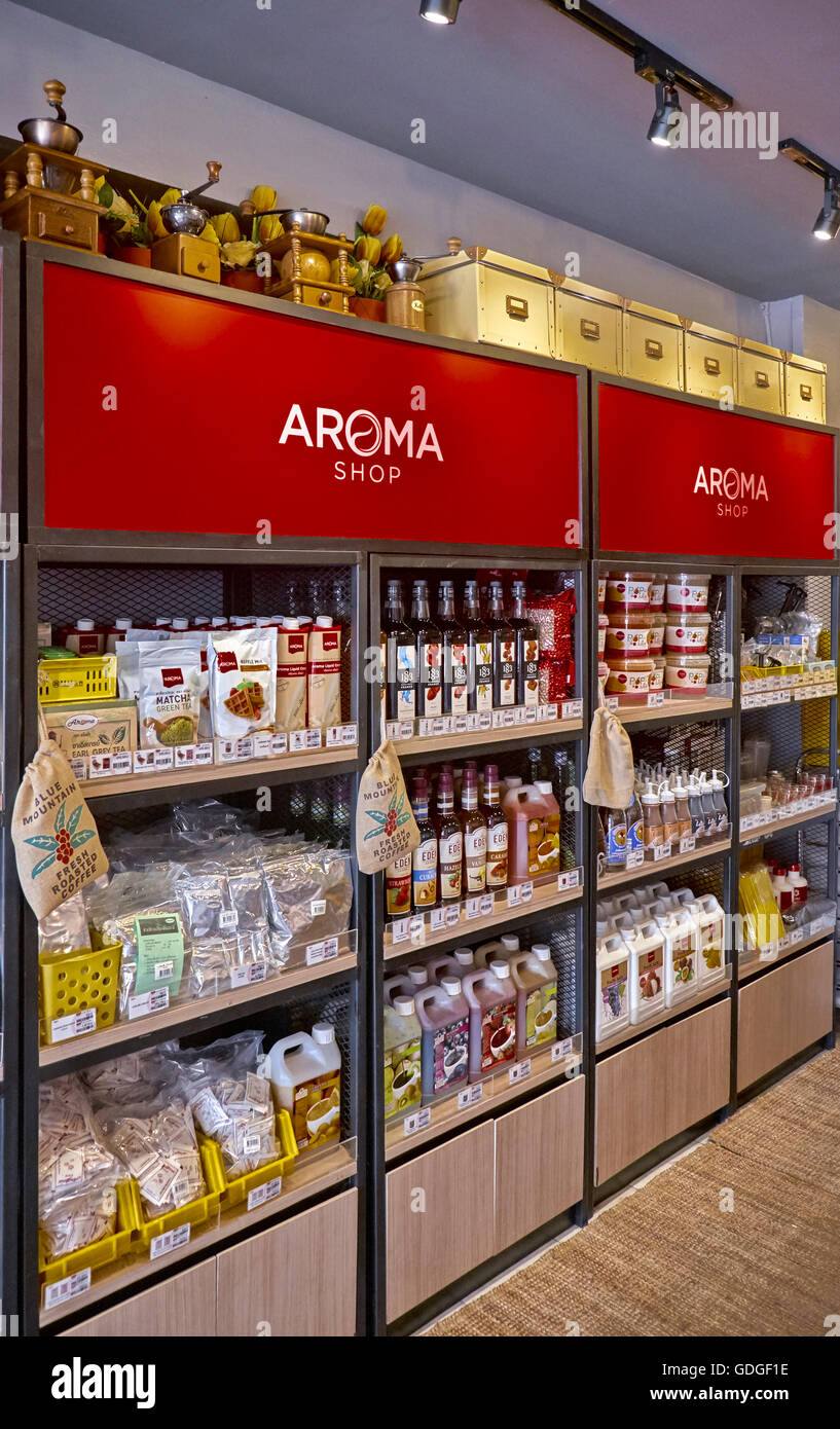 Delicatessen and coffee shop interior display featuring various exotic ...