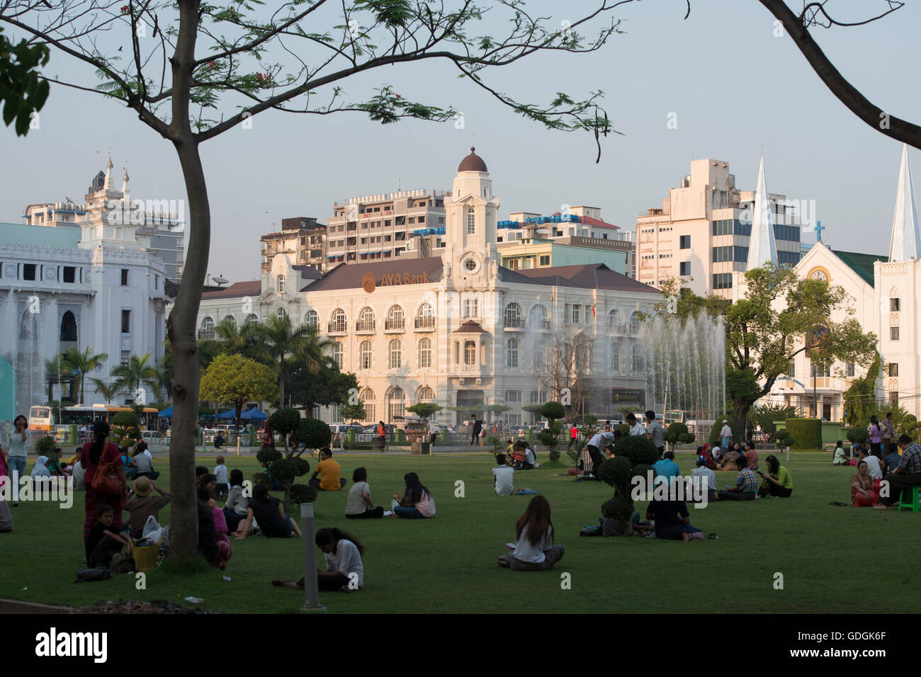 The Maha Bandoola Park with the AYA Bank in the City of Yangon in ...