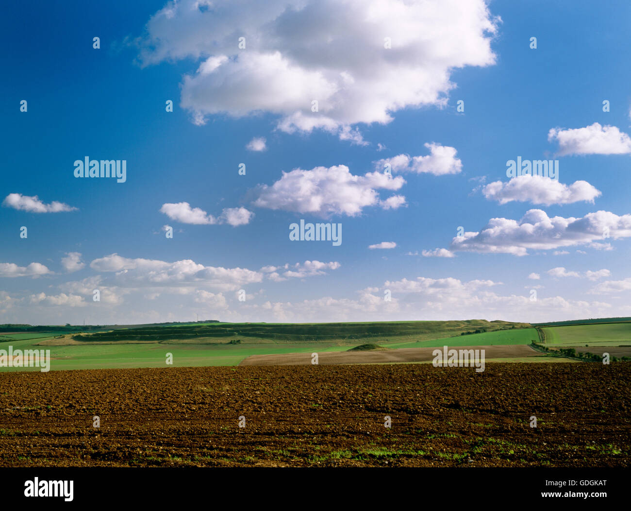 Maiden Castle Iron Age hillfort, Dorset, seen from N with a Bronze Age ...