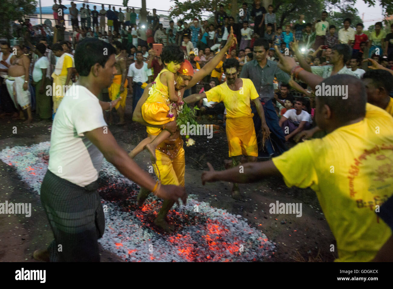 a indian style Fire Walk festival in the City of Yangon in Myanmar in ...