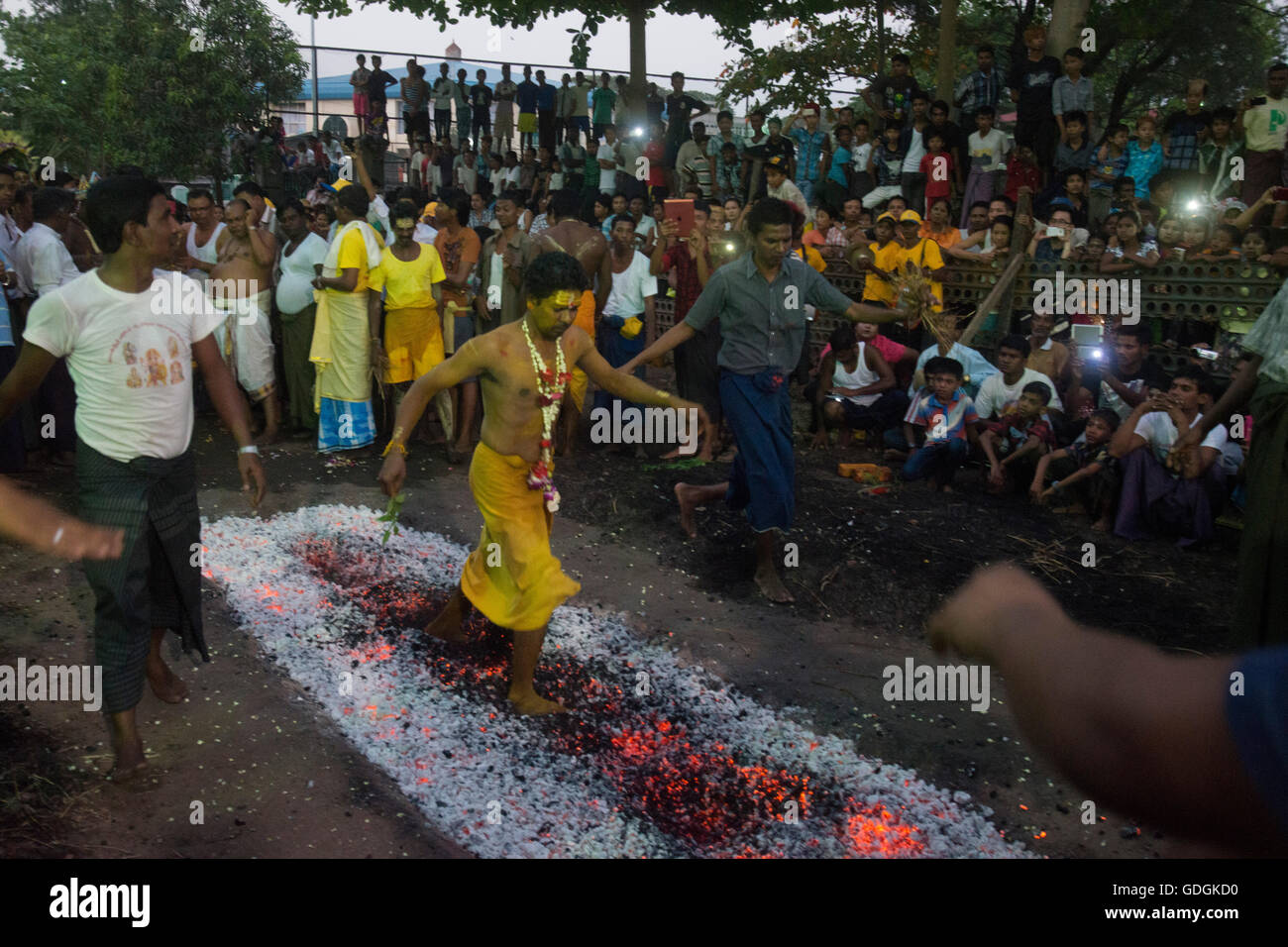 a indian style Fire Walk festival in the City of Yangon in Myanmar in ...
