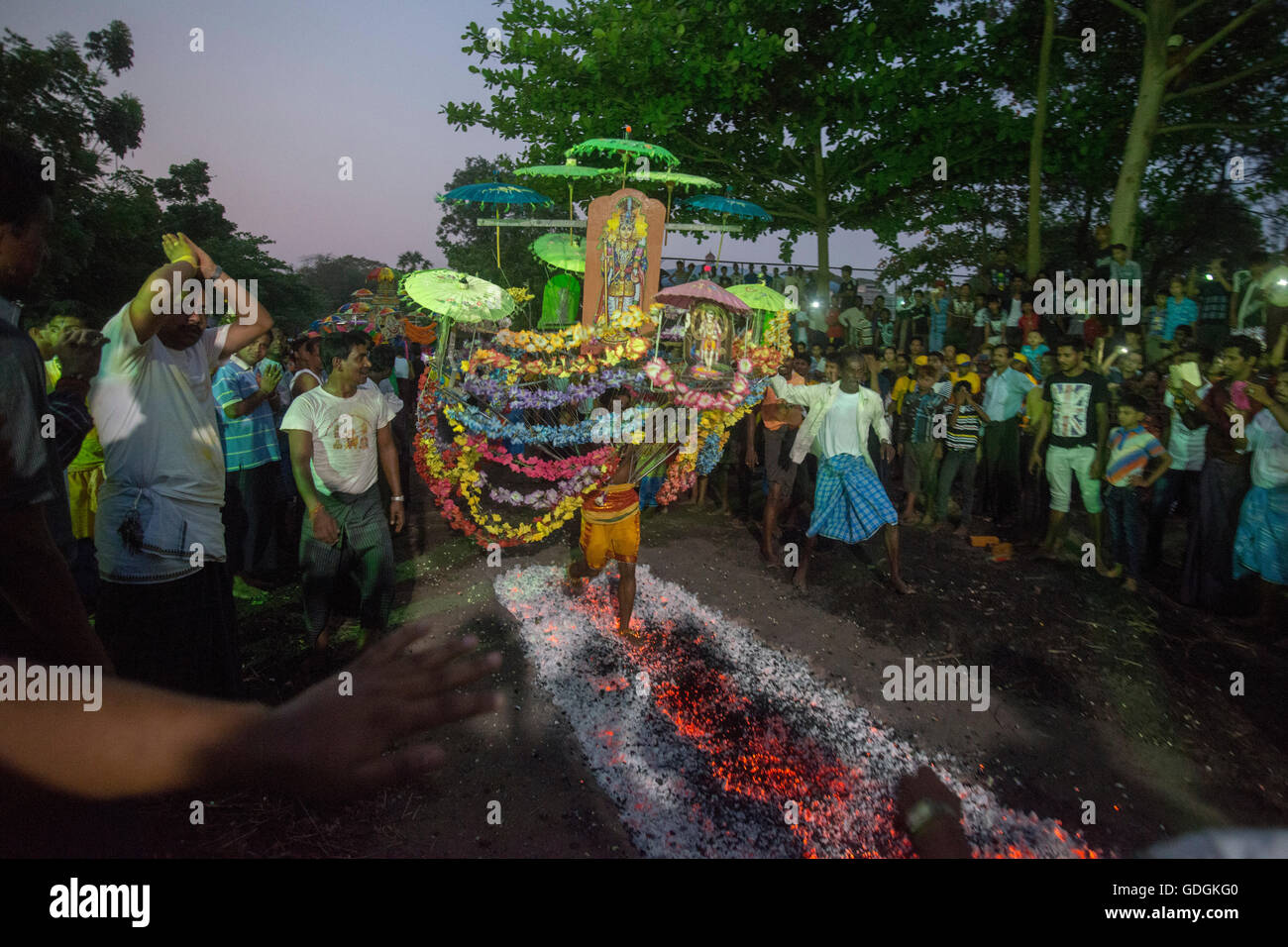 a indian style Fire Walk festival in the City of Yangon in Myanmar in ...