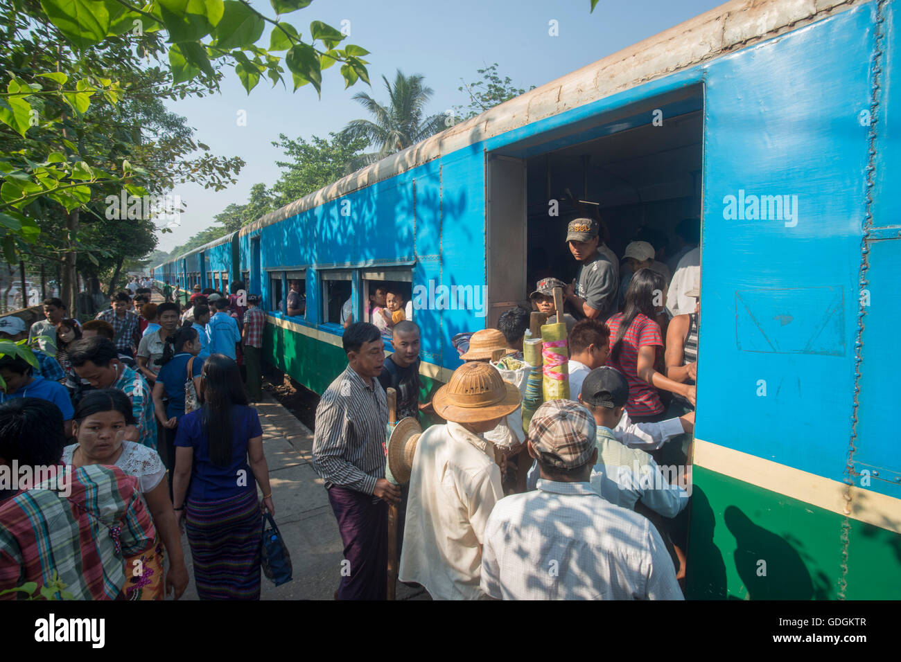 a train of the Yangon circle train in a trainstation near the City of ...