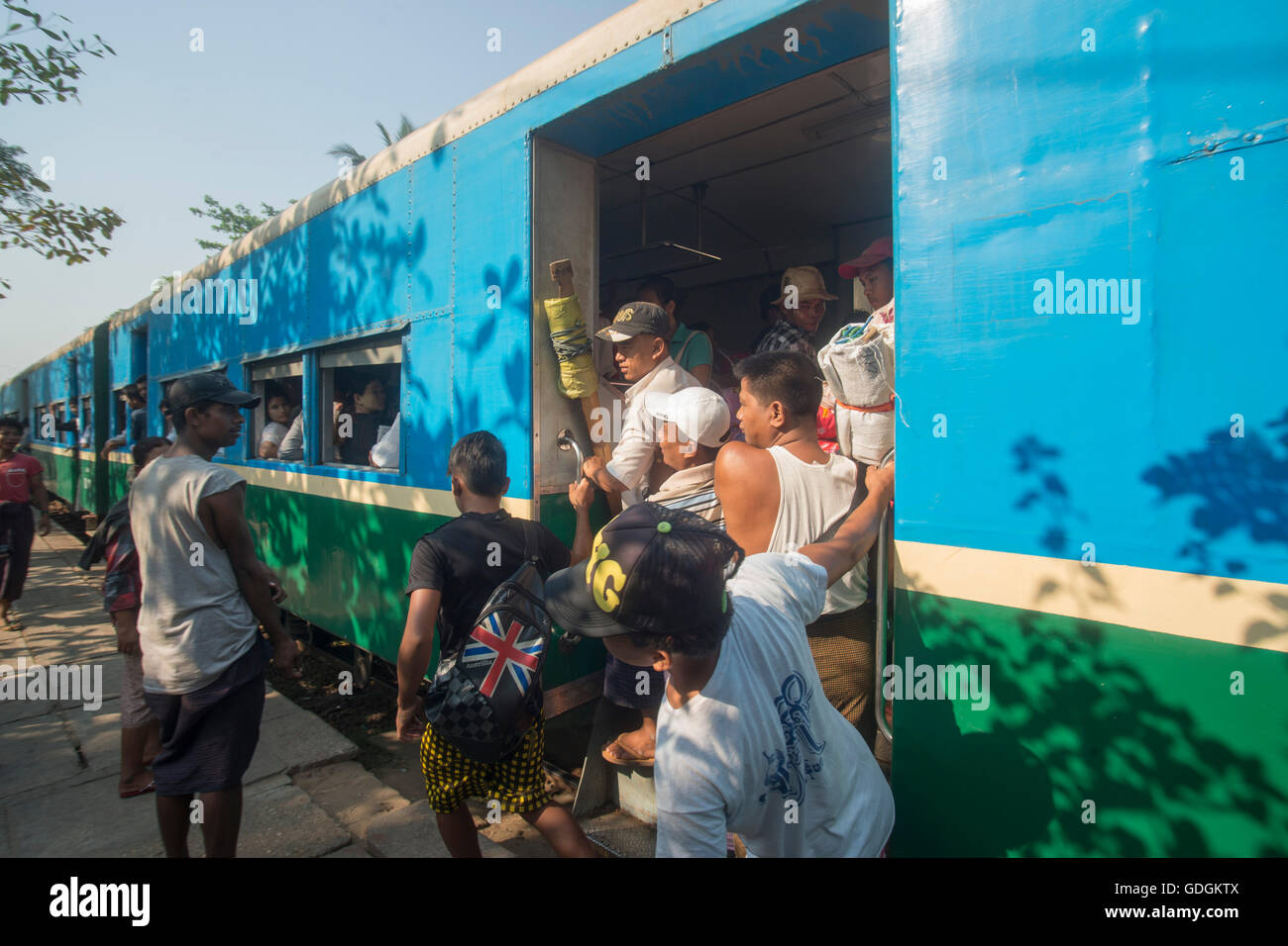 a train of the Yangon circle train in a trainstation near the City of ...