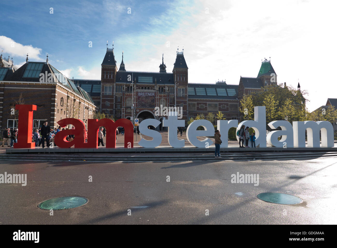 Rijksmuseum with huge white and red letters of ' I Amsterdam', Holland ...
