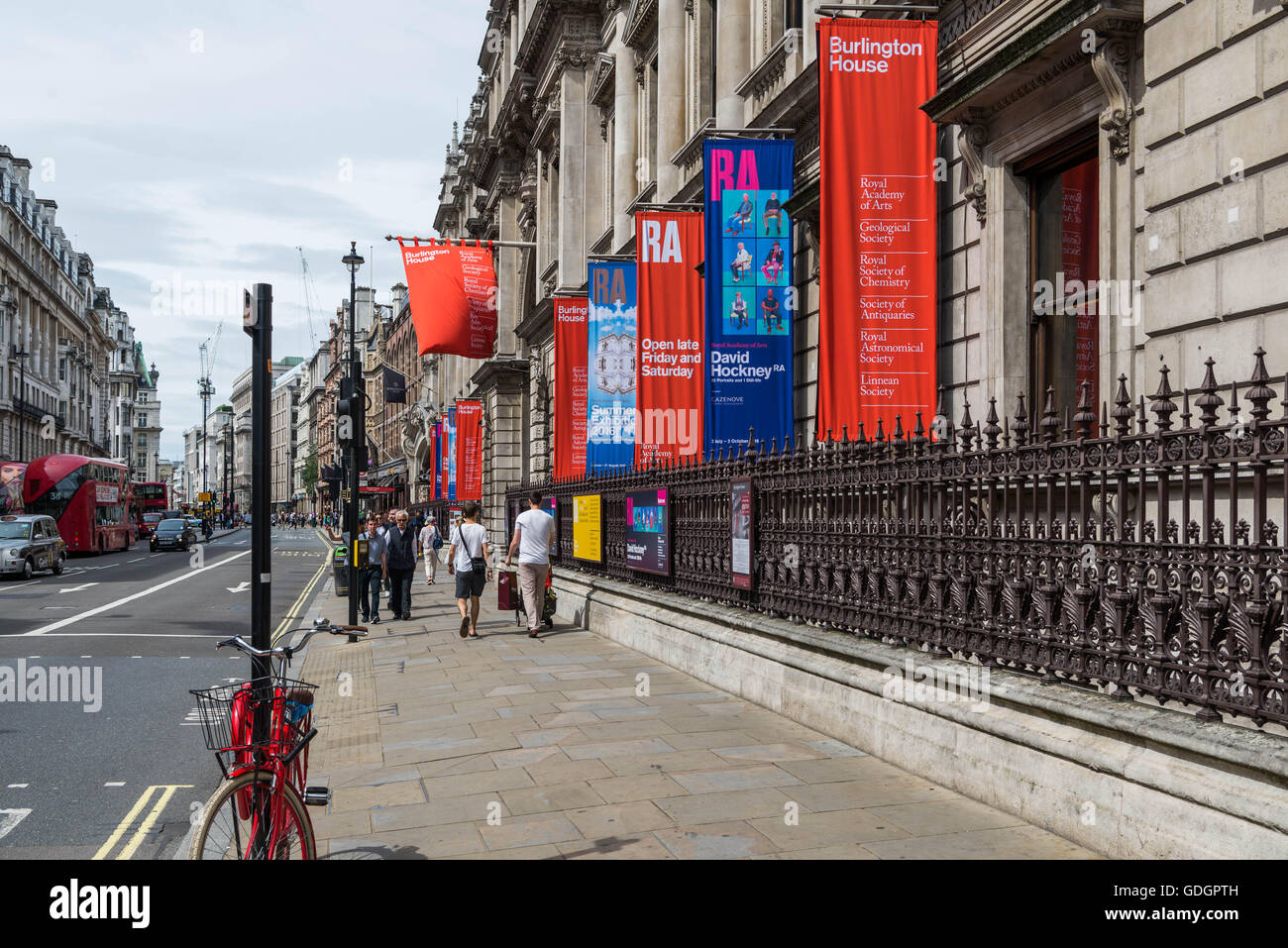 Advertising banners at the Royal Academy, Burlington House, Piccadilly ...