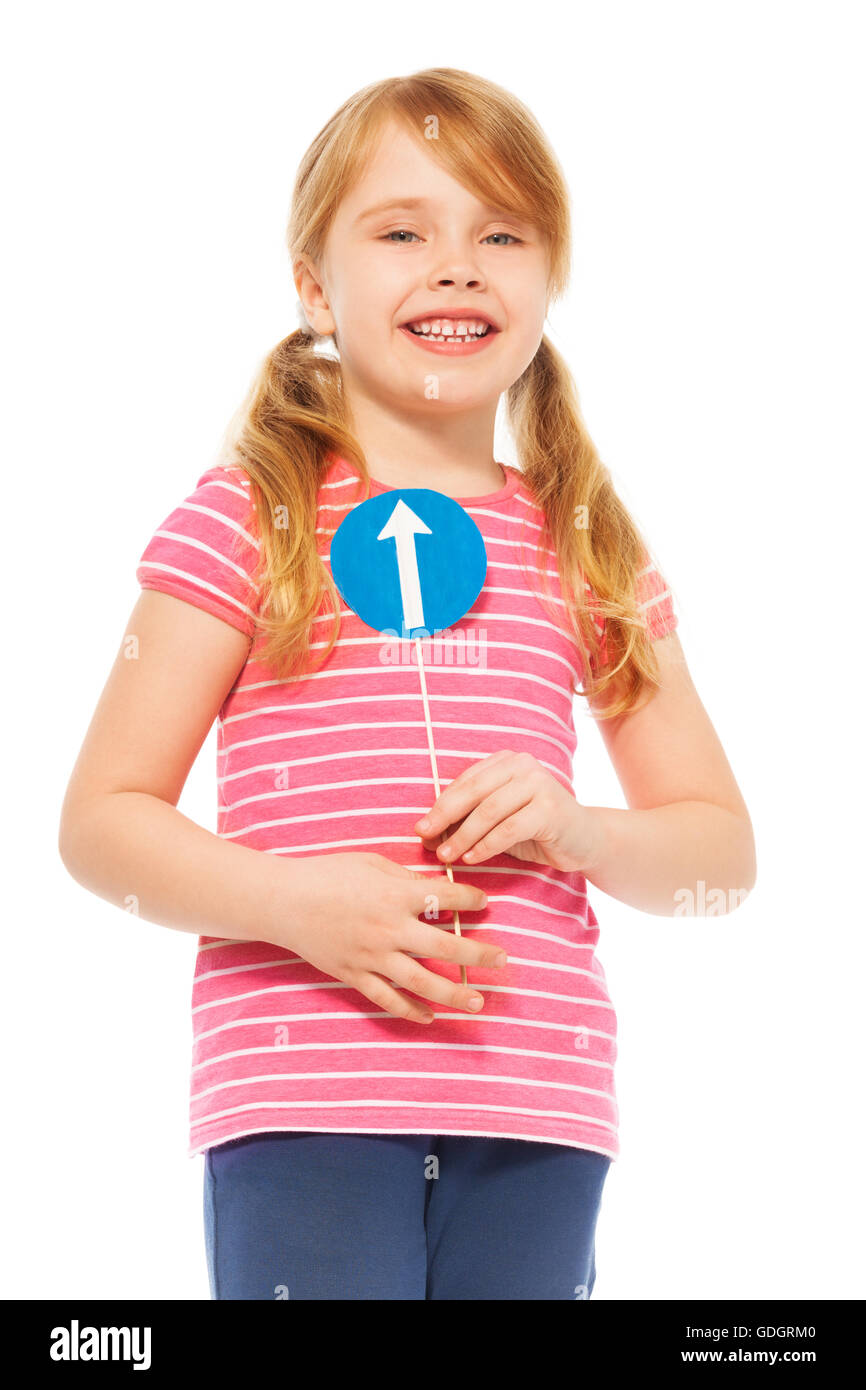 Smiling girl holding road direction sign icon Stock Photo - Alamy