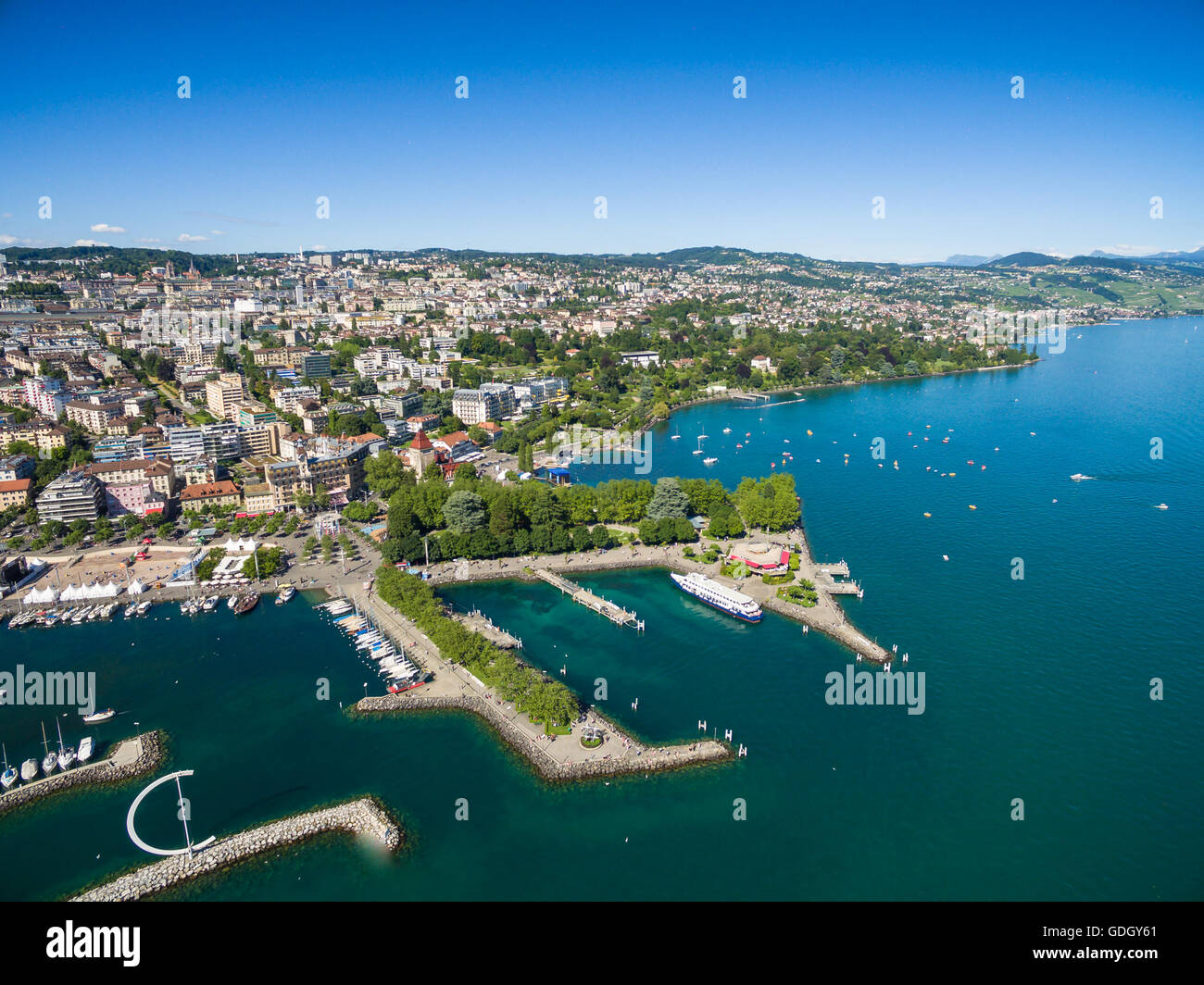 Aerial view of Ouchy waterfront in Lausanne, Switzerland Stock Photo ...