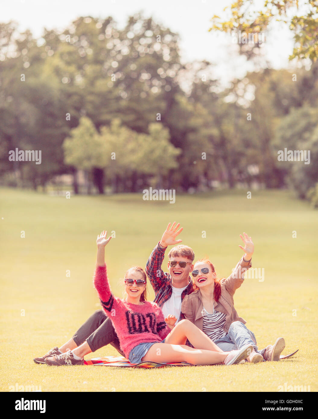 Collage of happy friends waving Stock Photo - Alamy