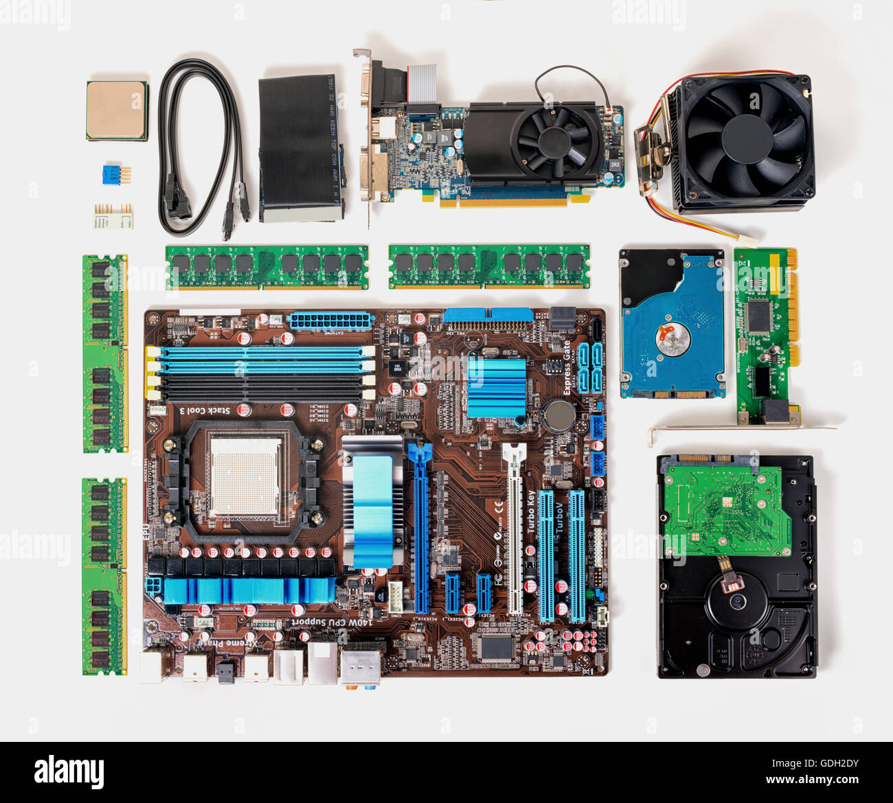 flat lay of disassembled pc computer, laptop, concept of repair and ...