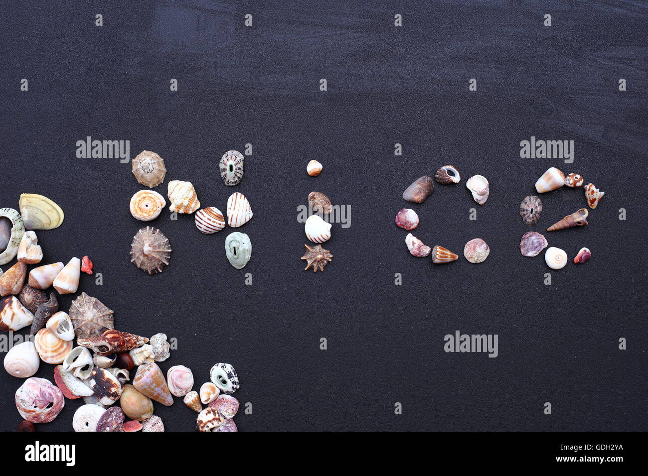 The word nice written in seashells against a black background Stock ...