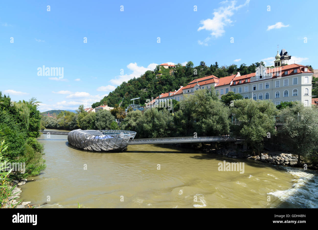 Graz: Mur Island in the Mur River, Schlossberg with the clock tower ...