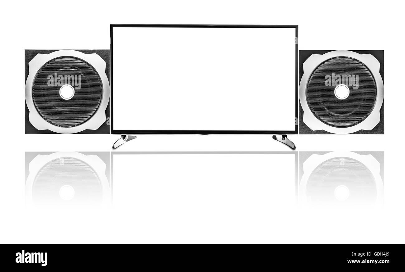 Modern blank flat screen TV set and Audio speaker Subwoofer Stock Photo ...