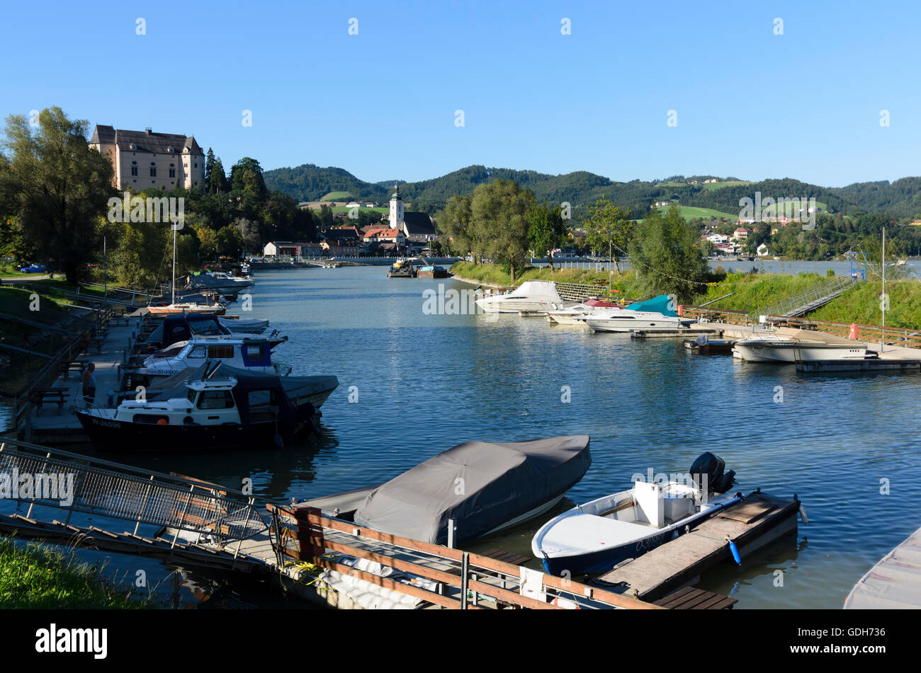 Grein: Danube with a marina and castle Greinburg, Austria ...
