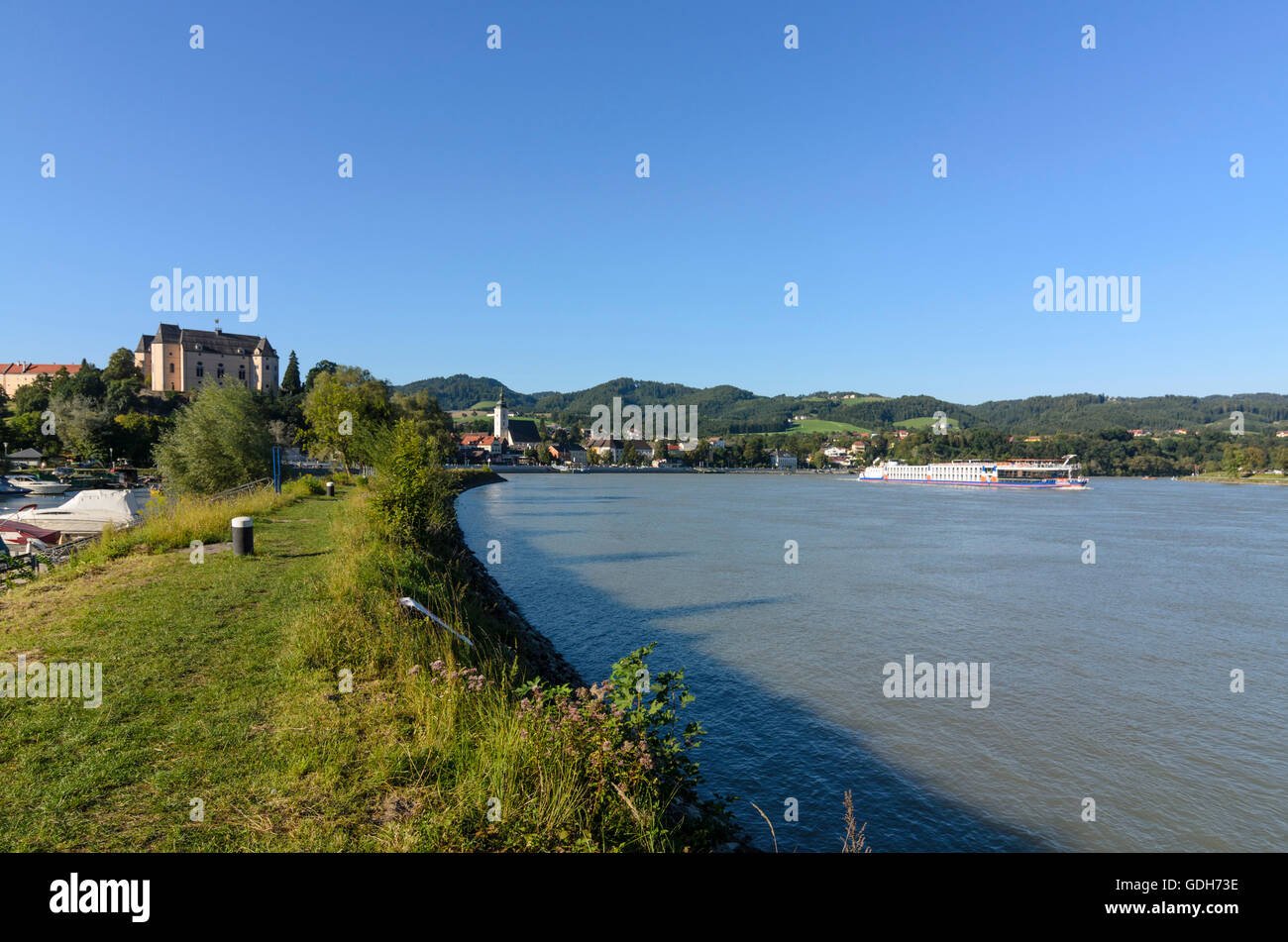 Grein: Danube with a marina and castle Greinburg, Austria ...