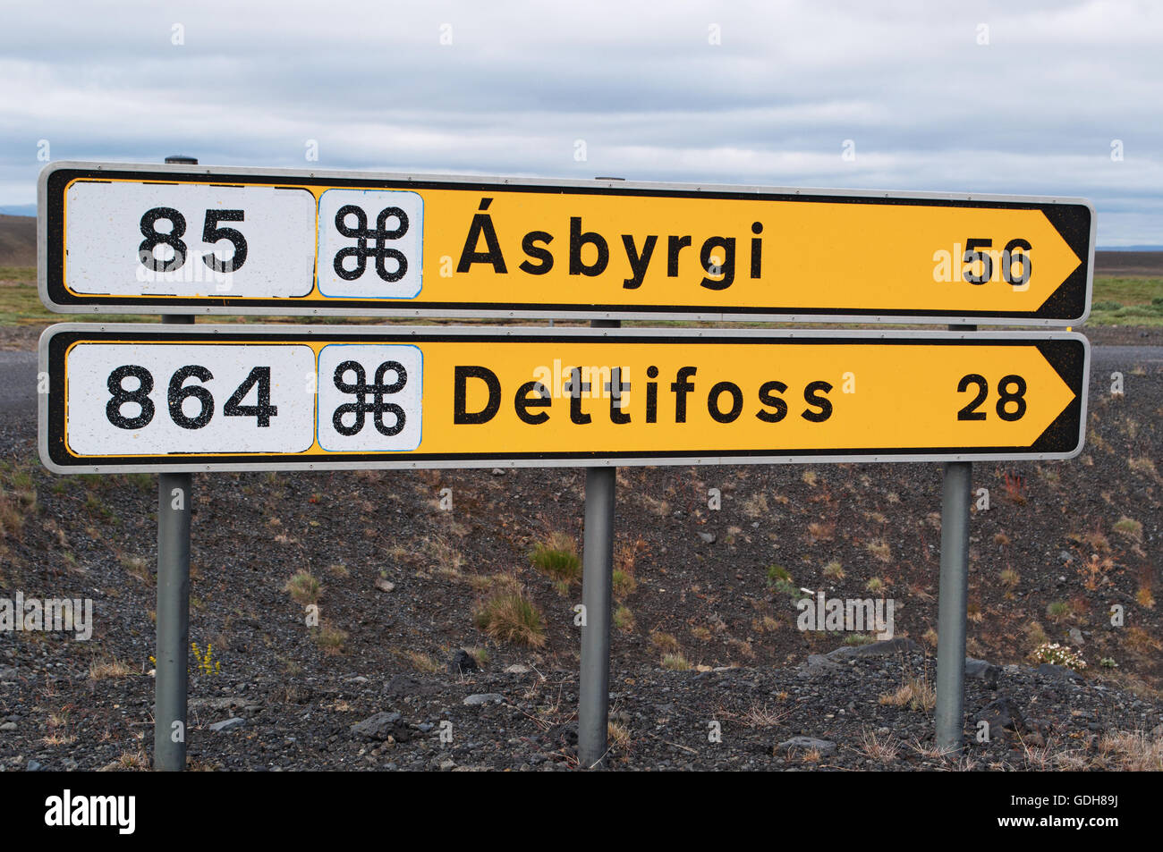 Iceland, Europe: street signs on the Ring Road for the Asbyrgi canyon ...
