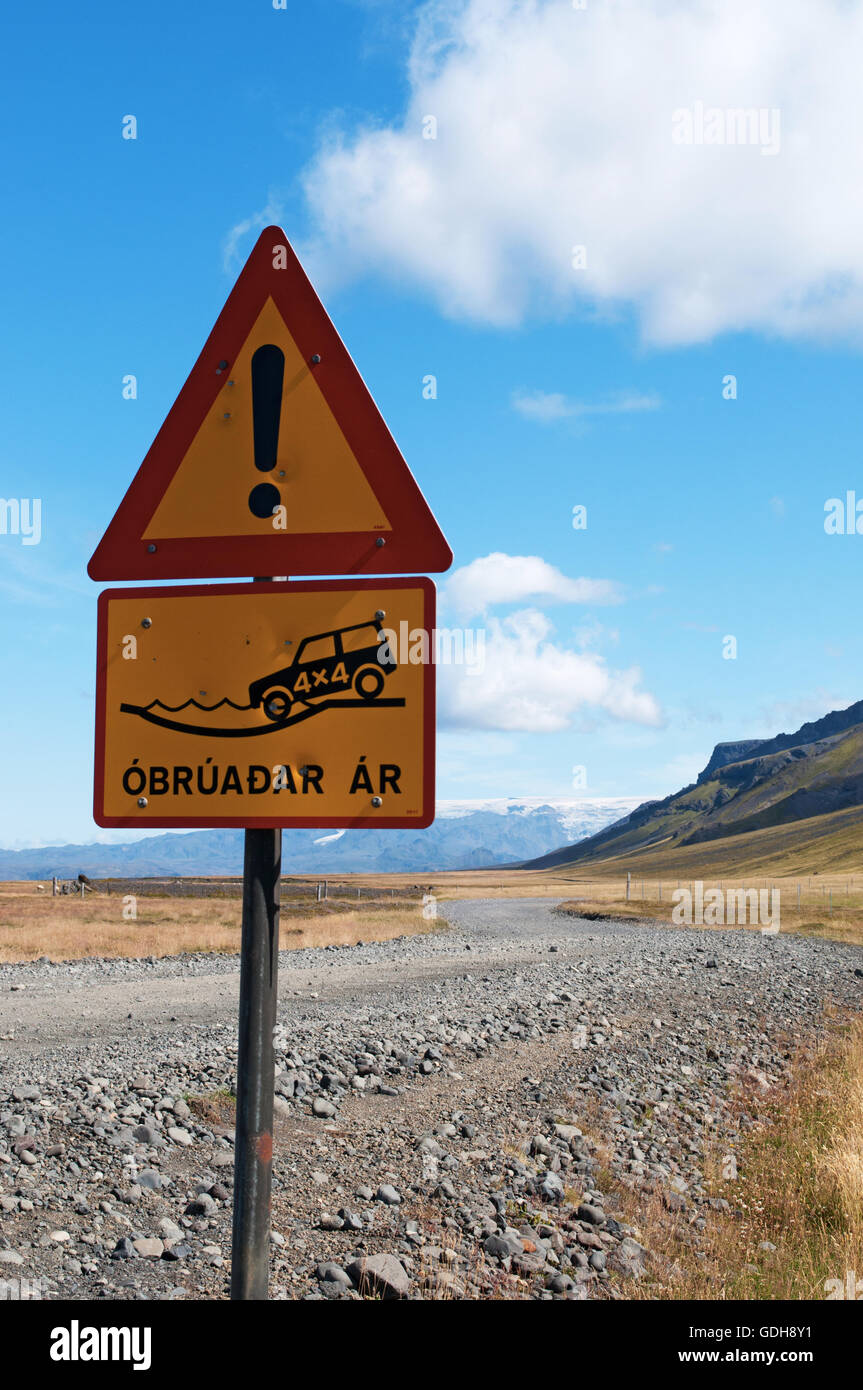 Iceland: a road sign warning for water on the off road vehicle trail in ...