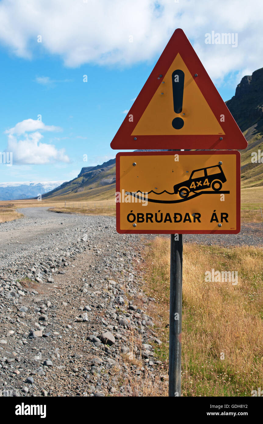 Iceland: a road sign warning for water on the off road vehicle trail in ...