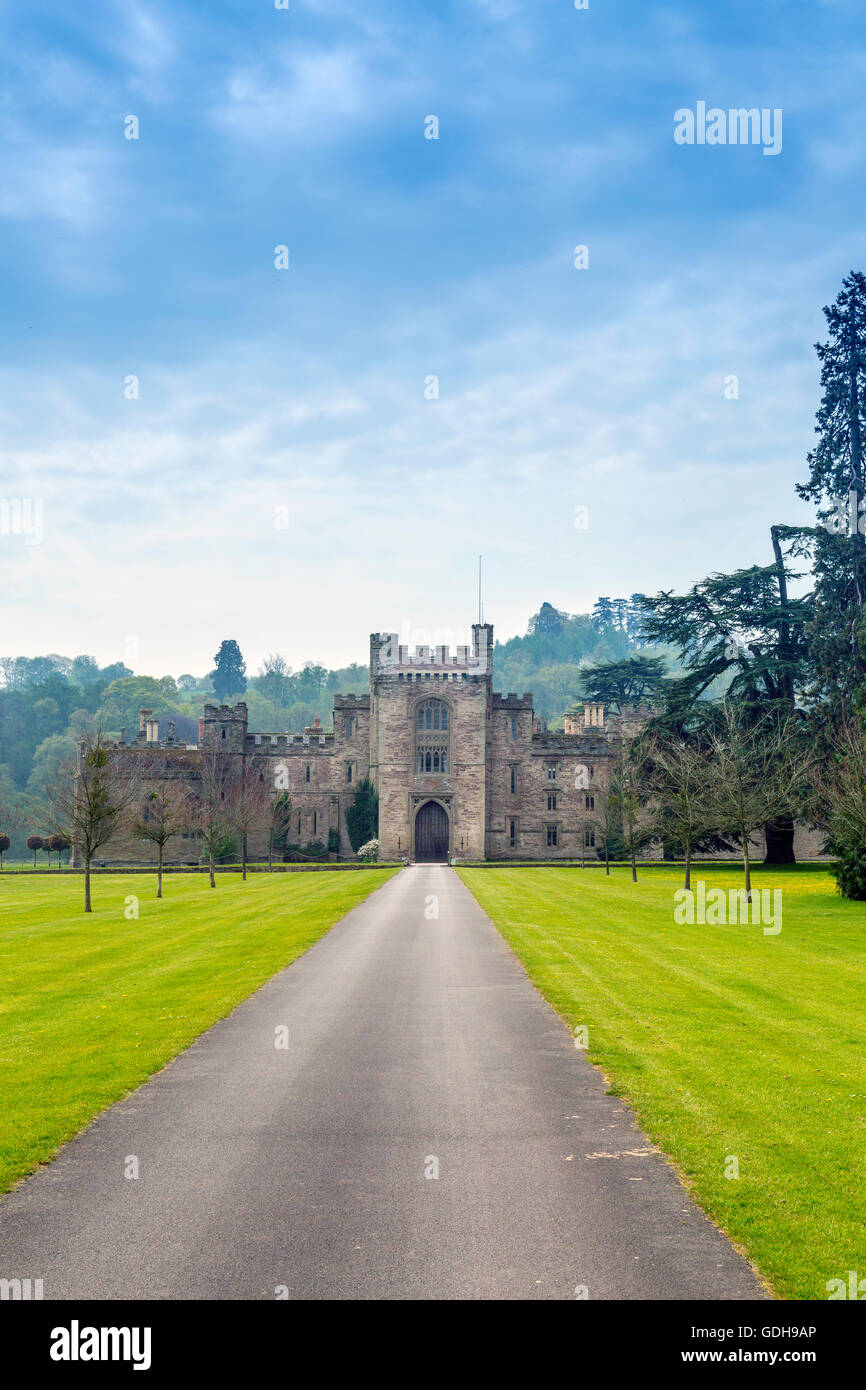 The facade and approach to Hampton Court Castle, Herefordshire, England ...