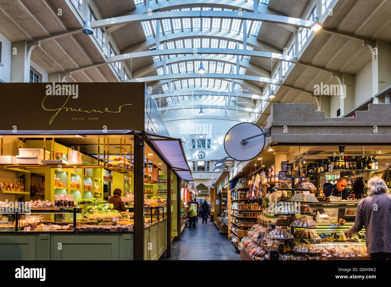 Germany, Stuttgart, Markthalle. Historic Old market hall interior with ...